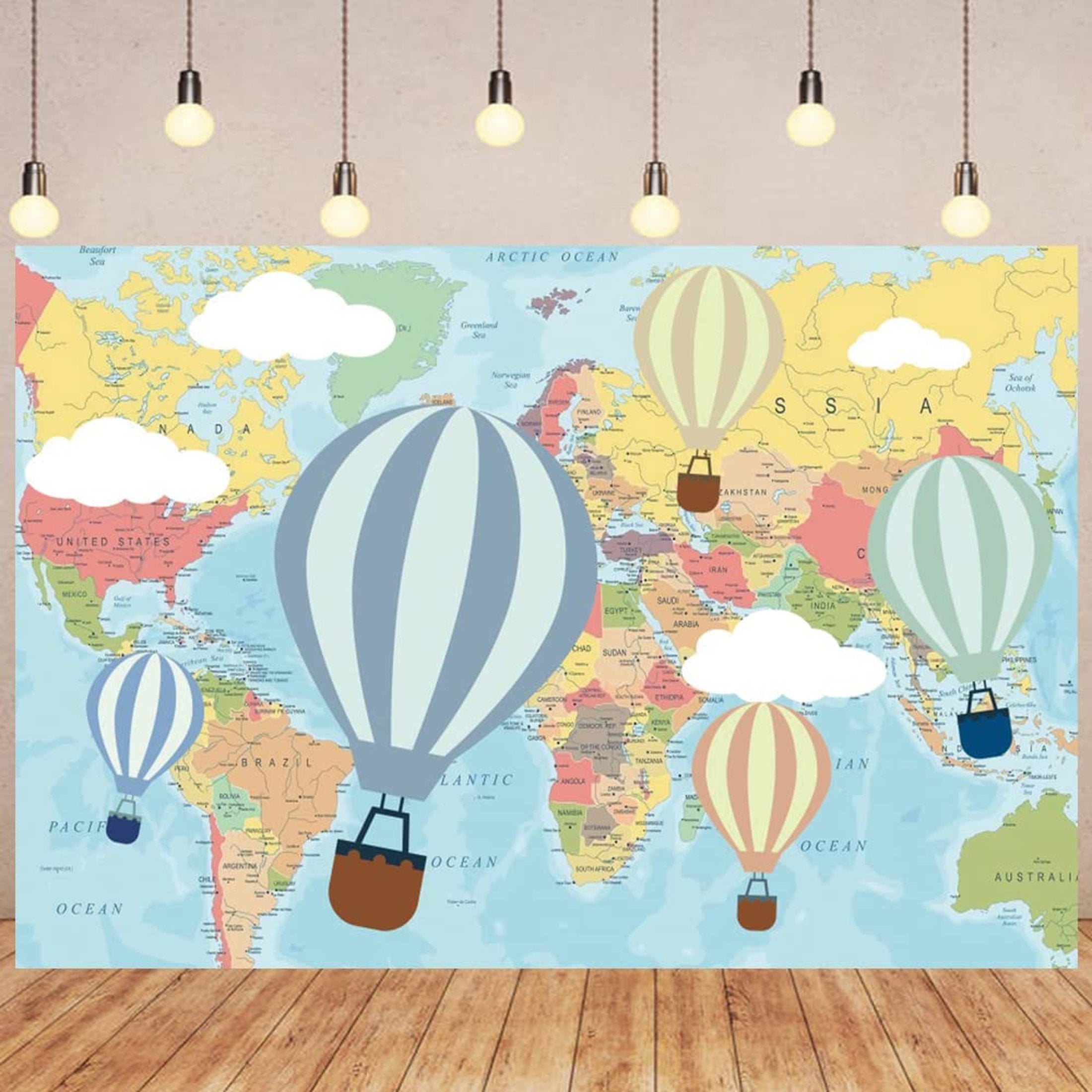 Adventure Sky Map Backdrop - Baby Shower Party Decoration with Hot Air ...