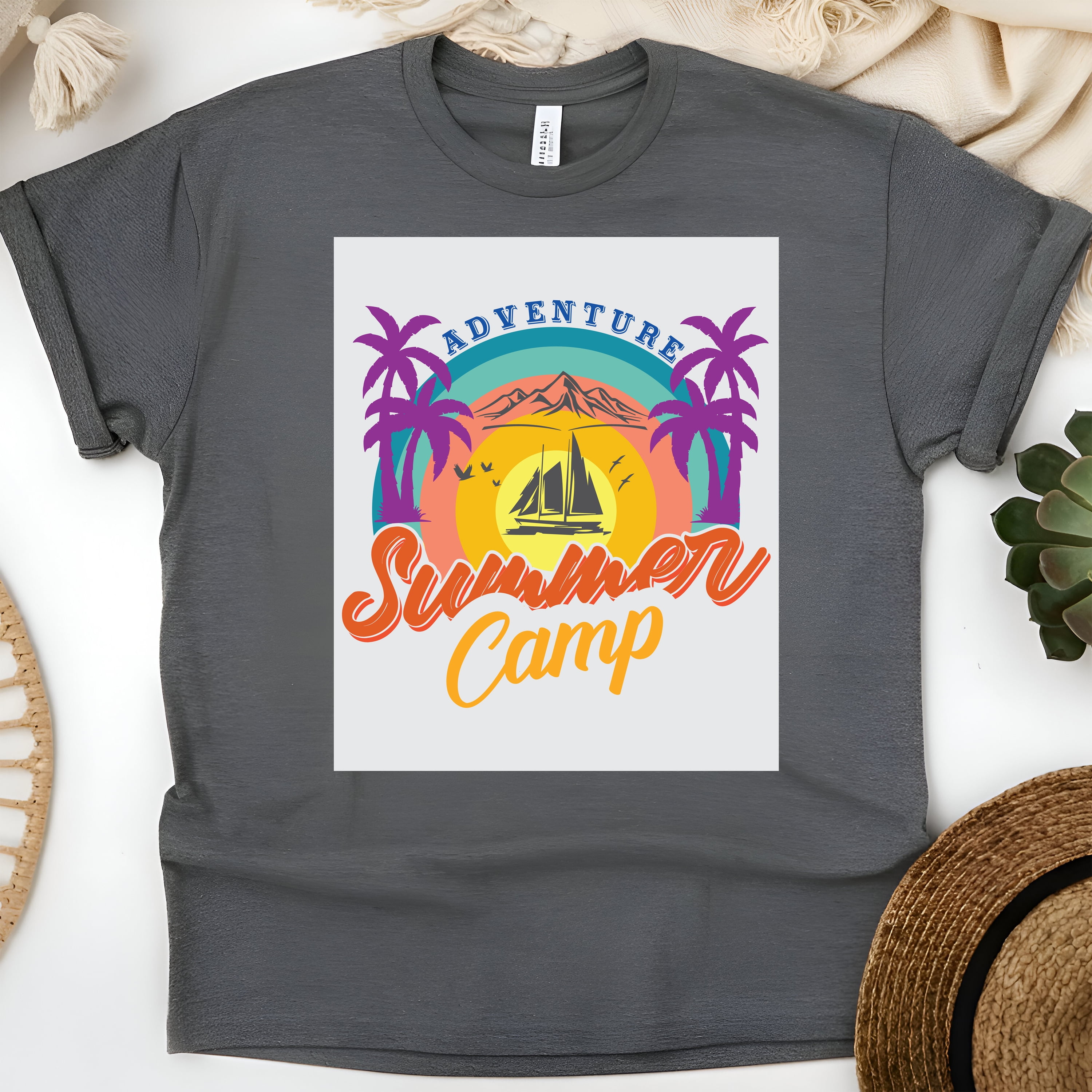 Adventure Summer Camp Shirt – Colorful Sailboat & Sunset Graphic Tee ...