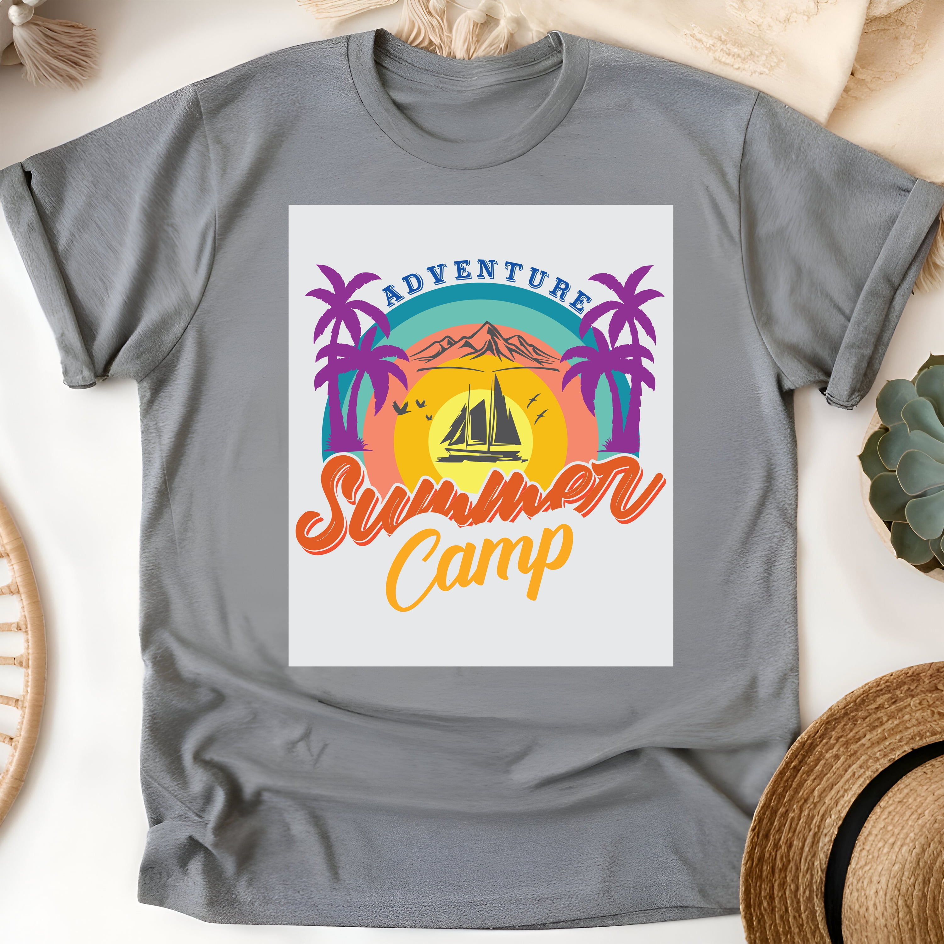 Adventure Summer Camp Shirt – Colorful Sailboat & Sunset Graphic Tee ...
