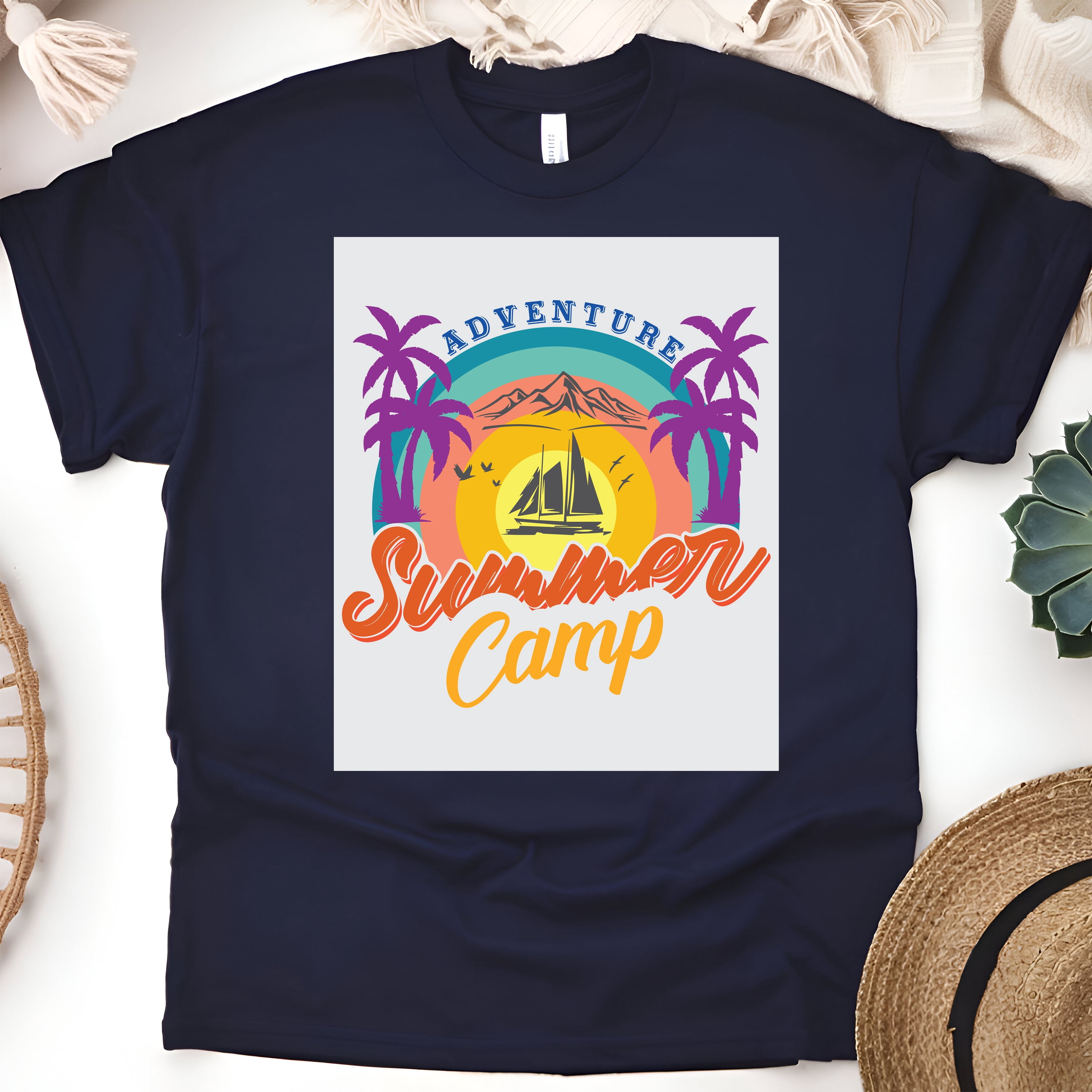 Adventure Summer Camp Shirt – Colorful Sailboat & Sunset Graphic Tee ...