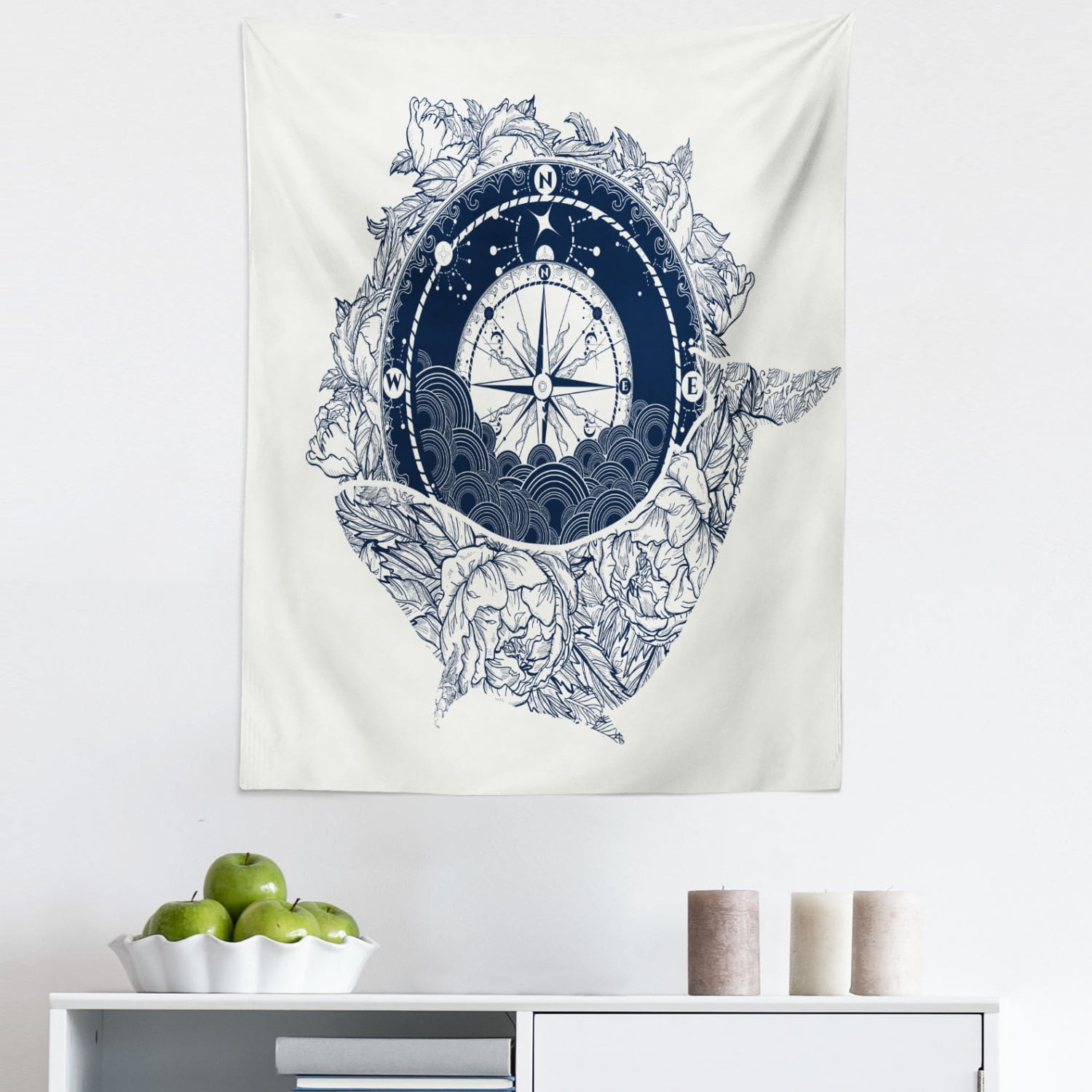 Adventure Tapestry, Antique Marine Compass and Floral Whale Victorian ...