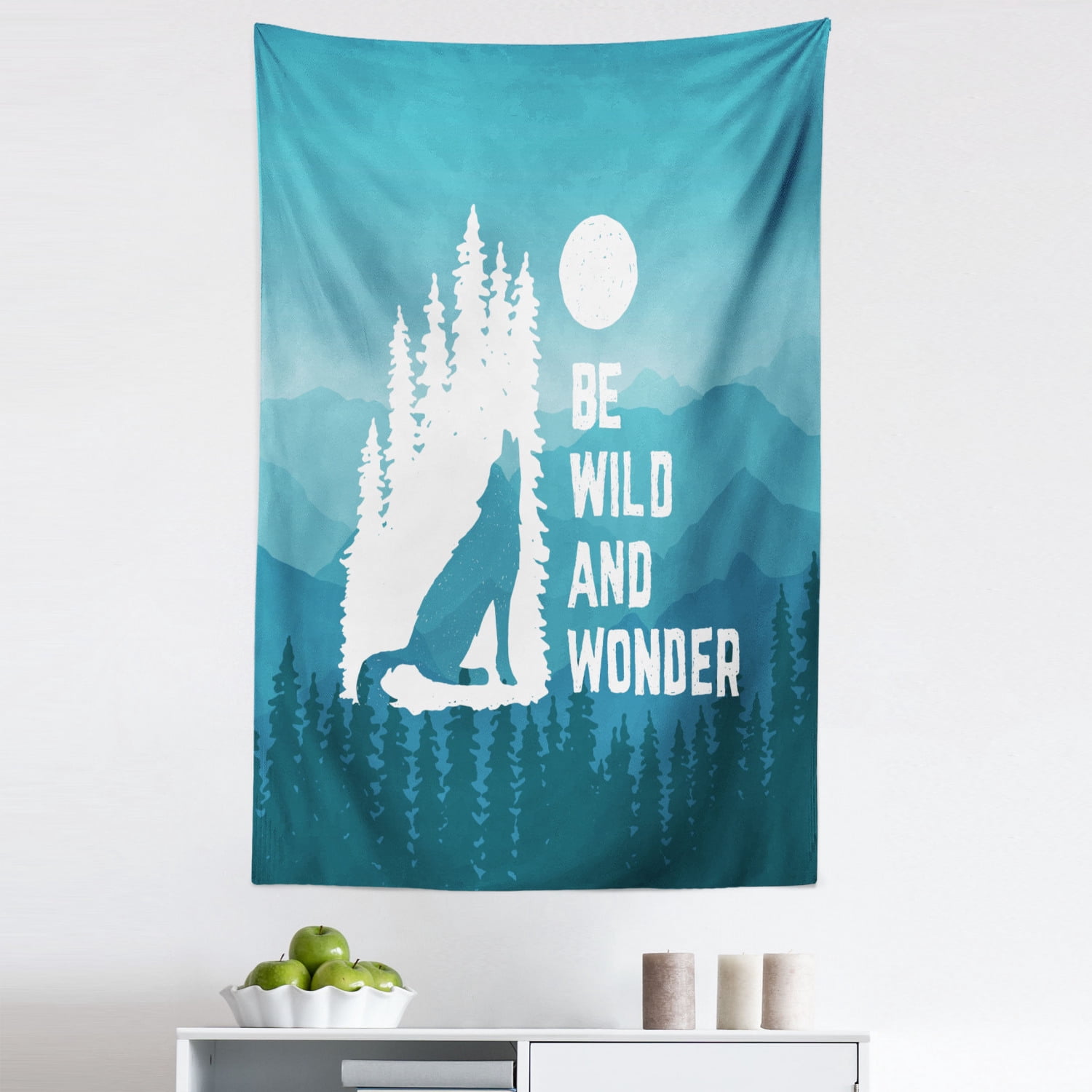 Adventure Tapestry, Hand Drawn Be Wild and Wonder Words Howling Wolf in ...