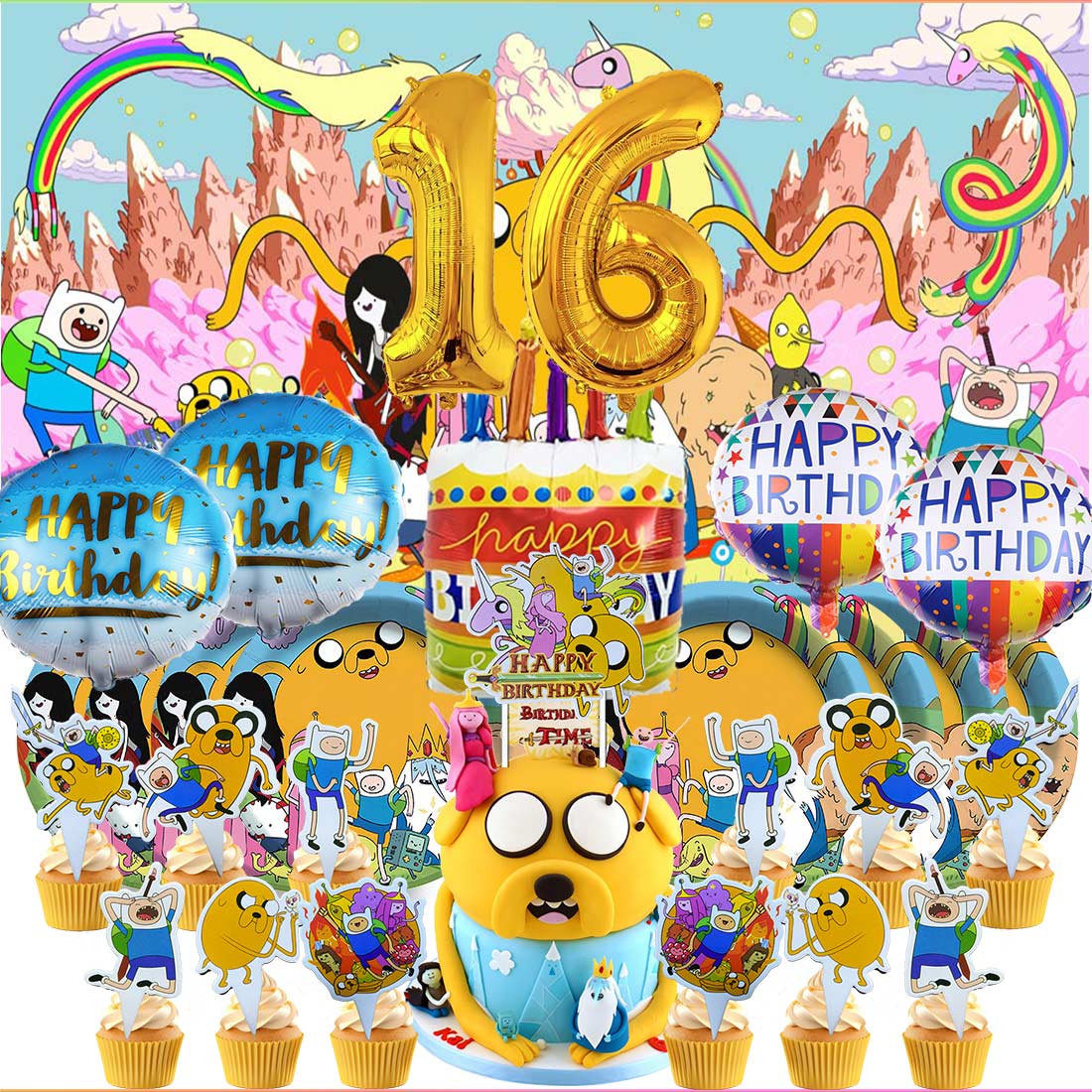 Adventure Time 16th Tableware Balloons Cake Toppers Backdrop Banner ...