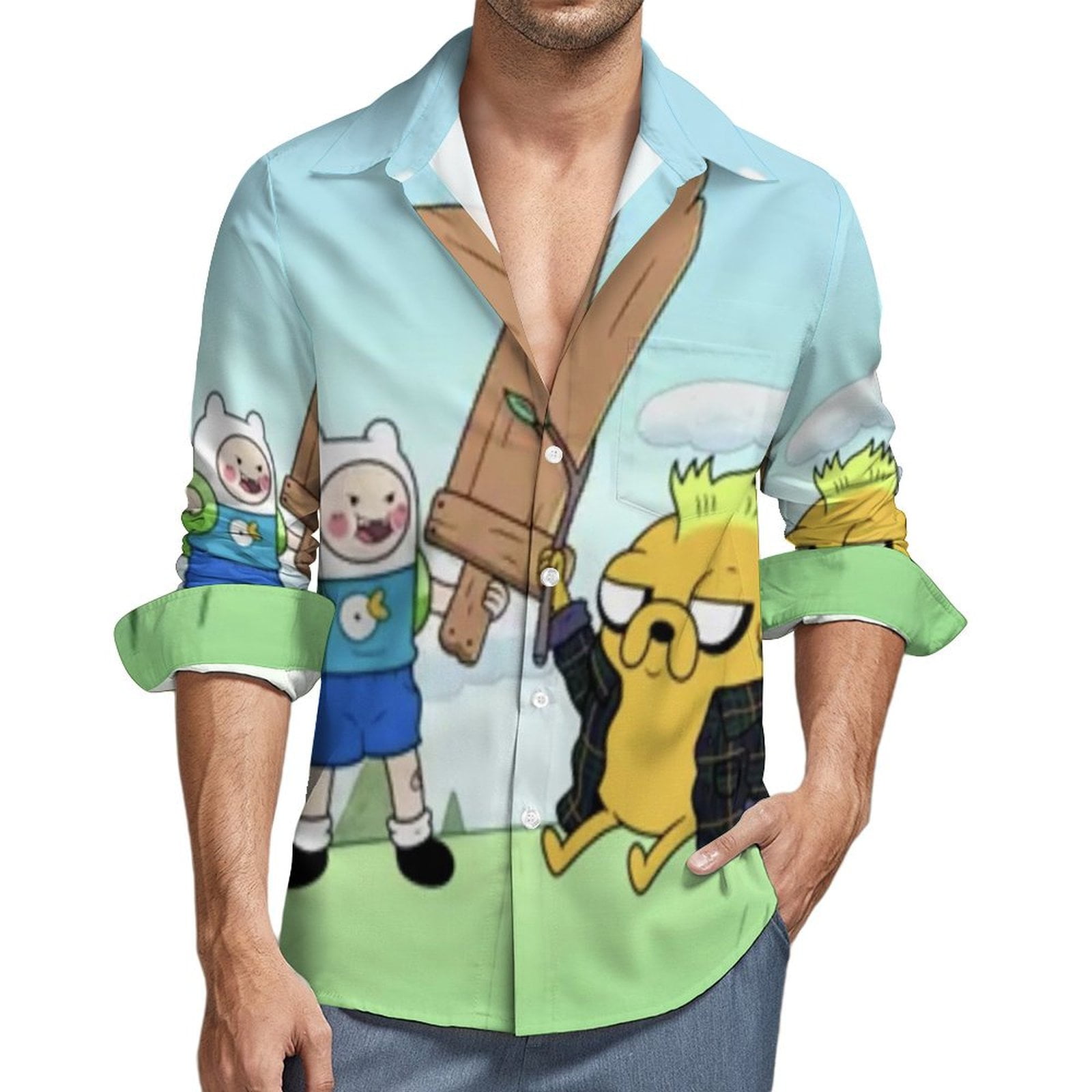 Adventure Time Animated Button Down Shirts For Mens Daily Casual Large ...