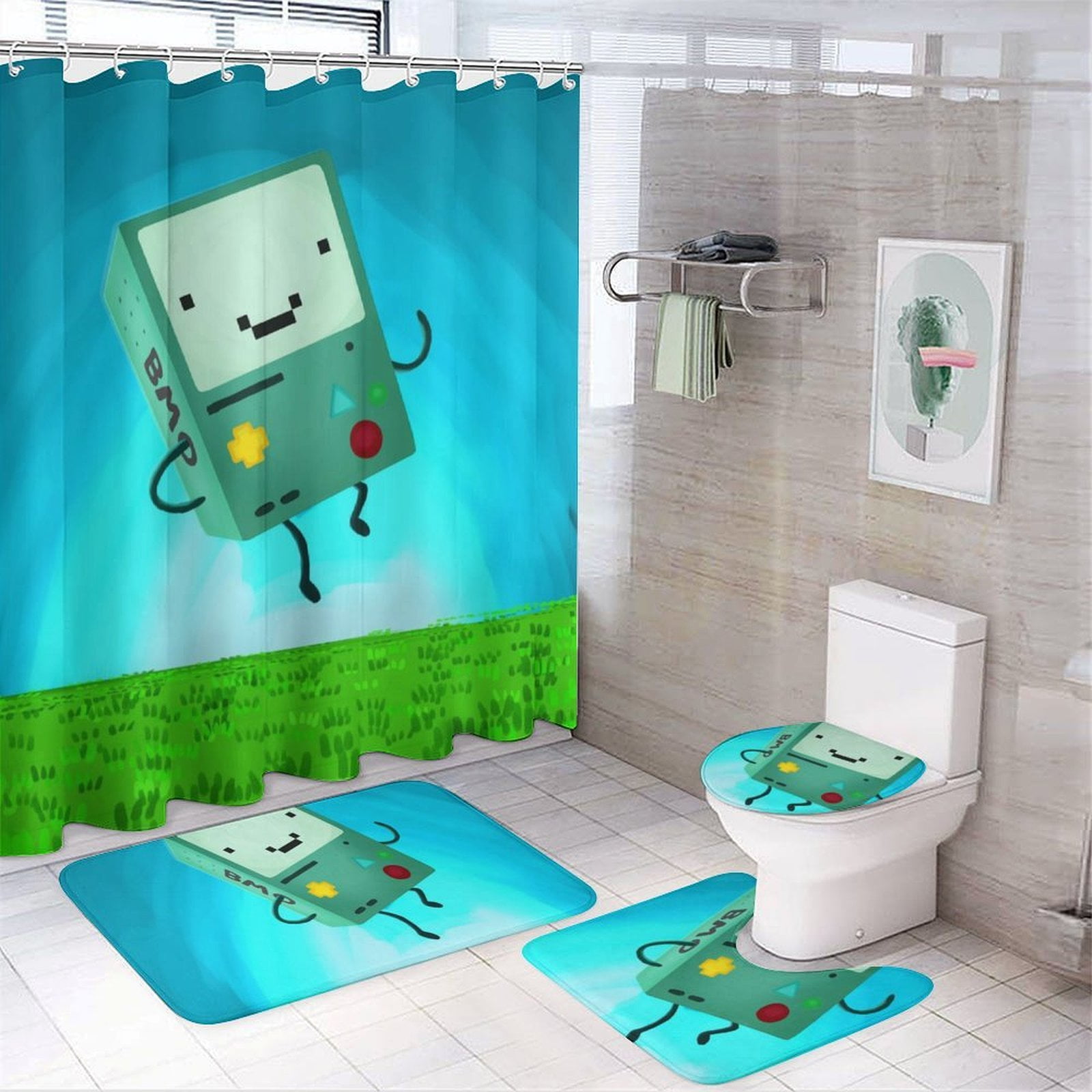 Adventure Time BMO Shower Curtain Set 4 Pieces Non-Slip Rug Bath Mat ...