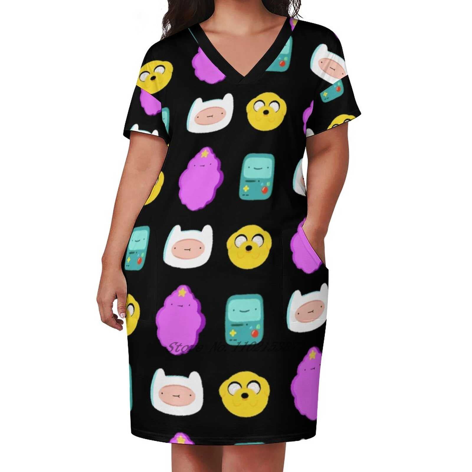 Adventure Time Characters Loose Pocket Dress Summer Sexy V Neck Dress ...
