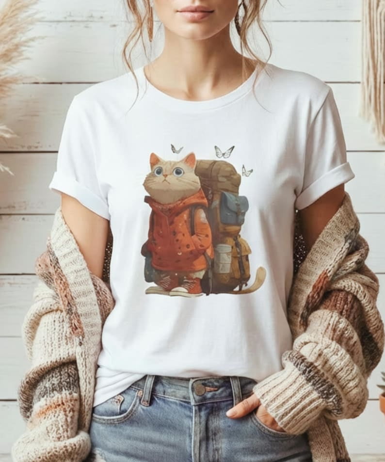 Adventurer Cat Shirt Backpacking Kitty Travel Illustration Cozy ...