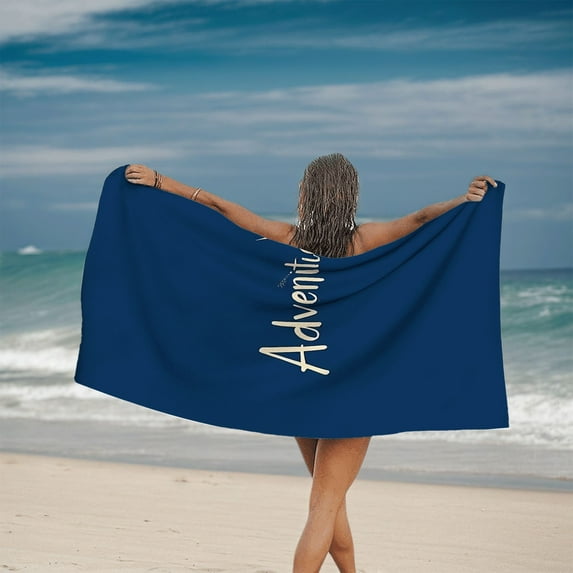 Adventures Cursive Design Beach Towel - Dark Blue with Elegant Wave ...