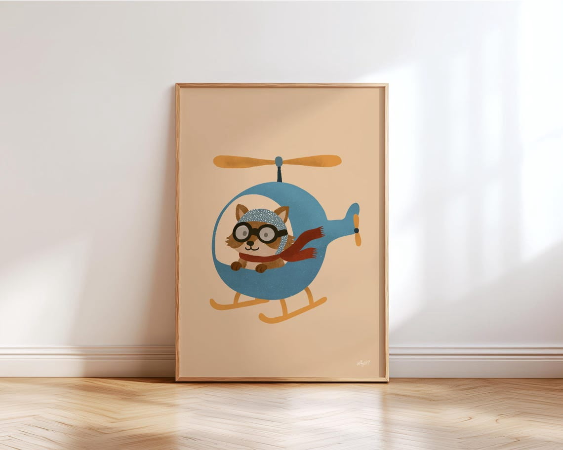 Adventurous Racoon Pilot Blue Helicopter Print Nursery Wall Art Animal ...