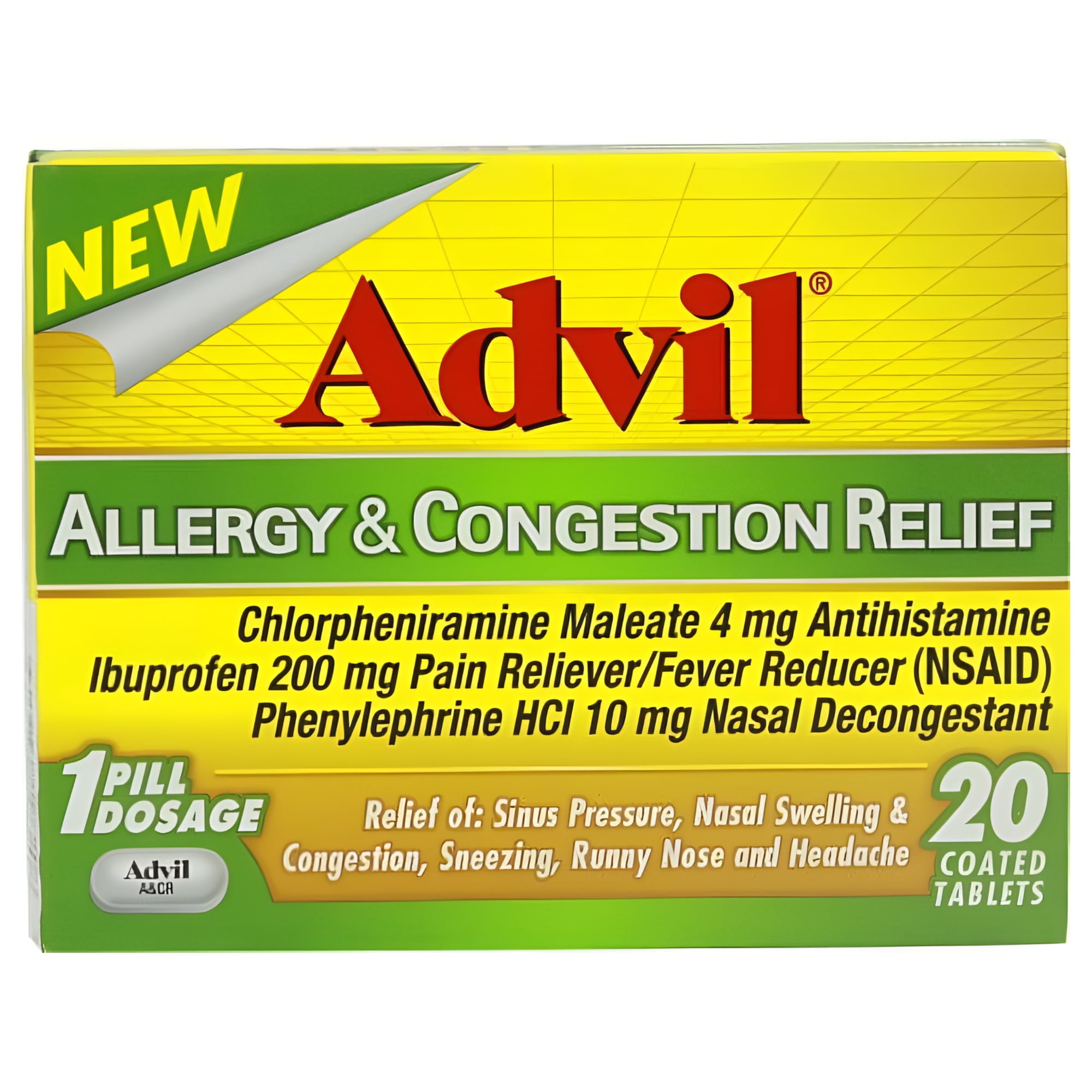 Advil Allergy & Congestion Relief, Sinus Medicine, Pain & Headache, 20 ...
