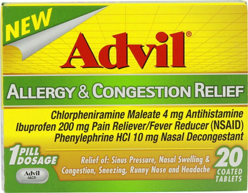 Advil Allergy & Congestion Relief, Sinus Medicine, Pain Tablets, 20 ...