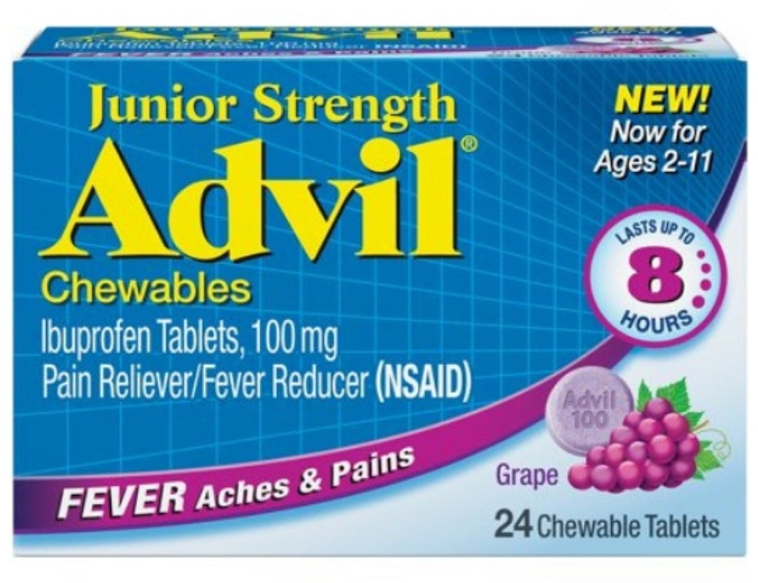 Advil Chewable Tablets Junior Strength 100 mg Grape 24 Count Pack for ...