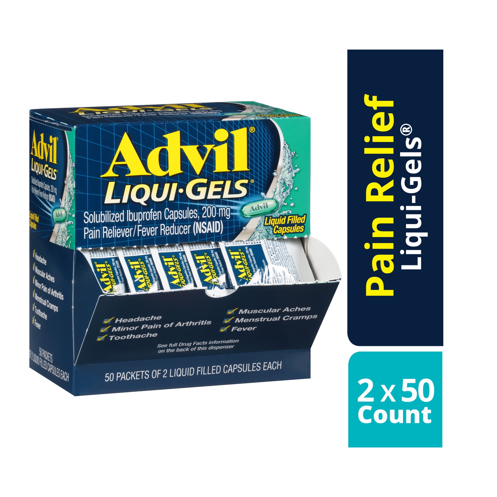 Advil Liqui-Gels Pain Reliever and Fever Reducer, Ibuprofen 200Mg for Pain Relief - 50X2 Liquid ...