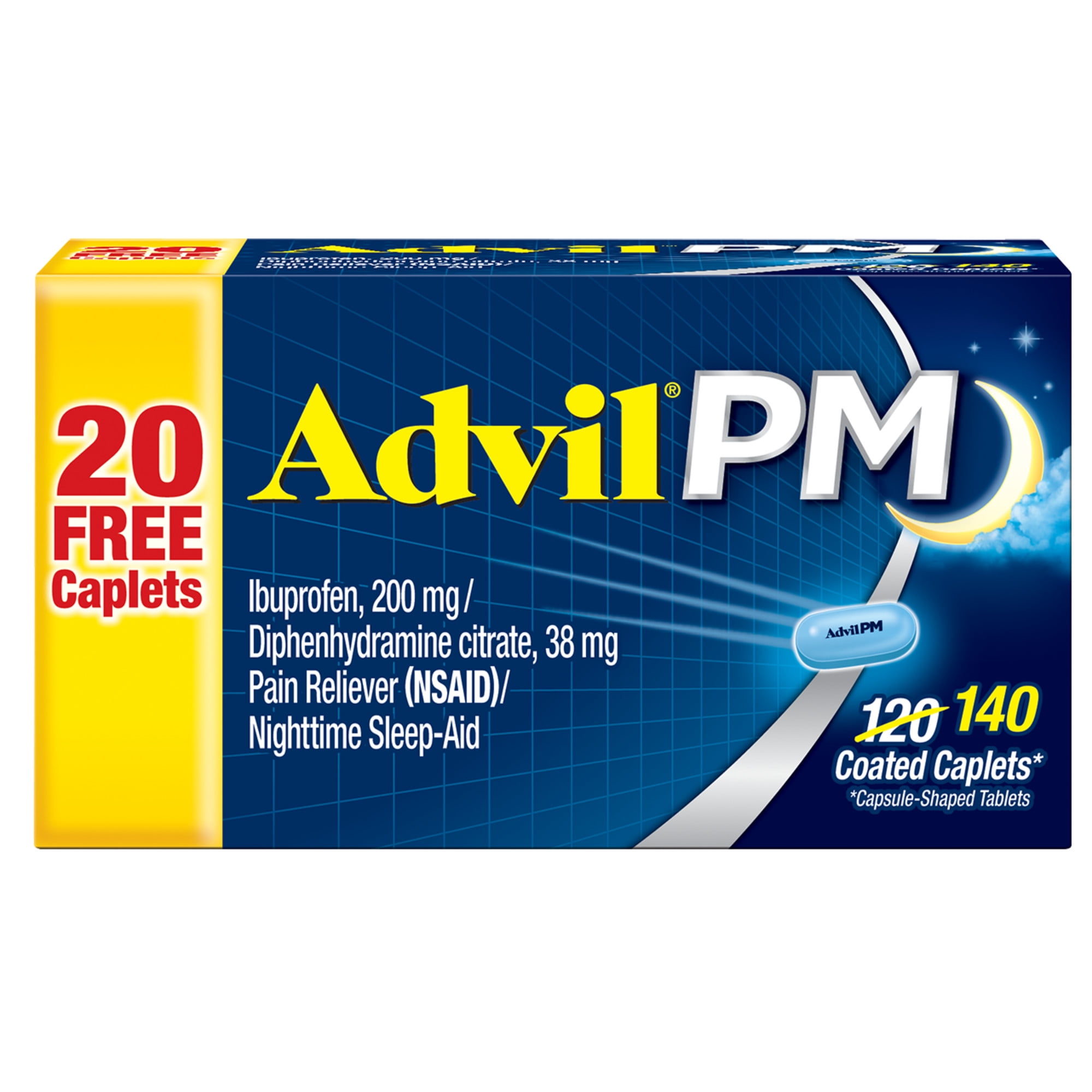 Advil PM Pain Reliever and Nighttime Sleep Aid, 140 Caplets, 200mg ...
