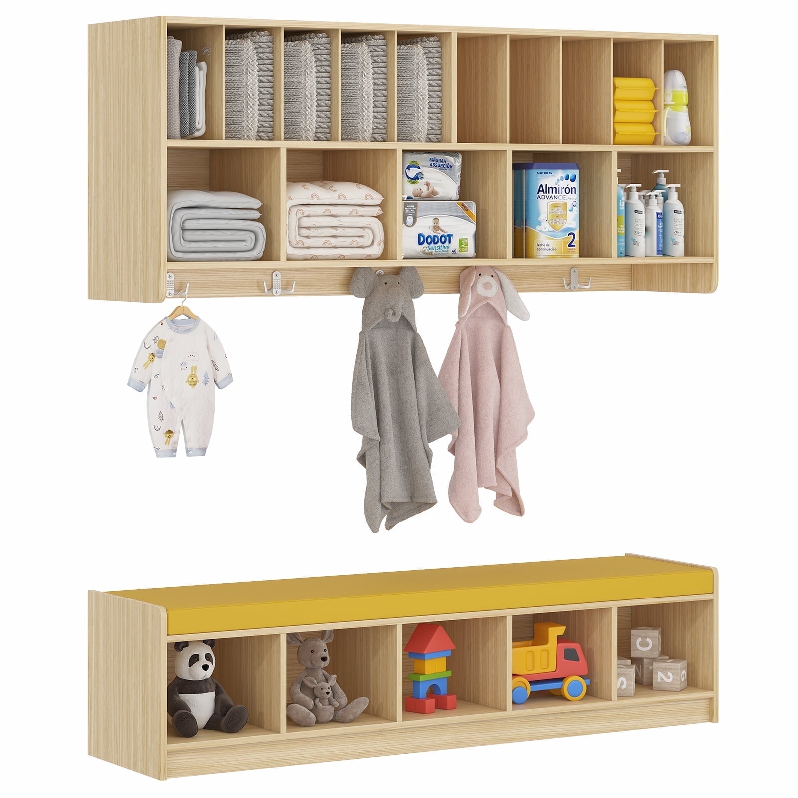 Advwin Wall Cubbies with Hooks & Cushion Shoe Storage Bench, Wooden ...
