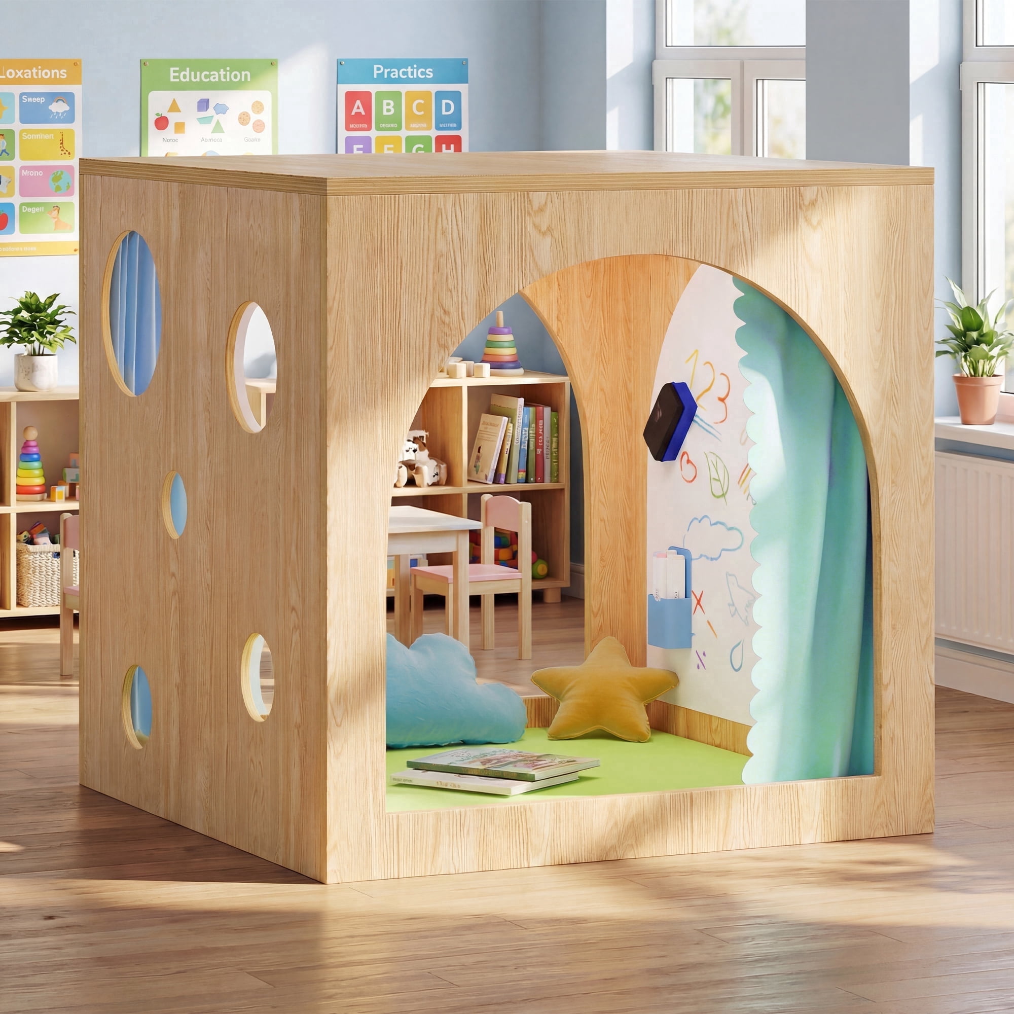 Advwin 30" Cozy Reading Cube with Curtains, Cushion Mat & Light, Wood ...