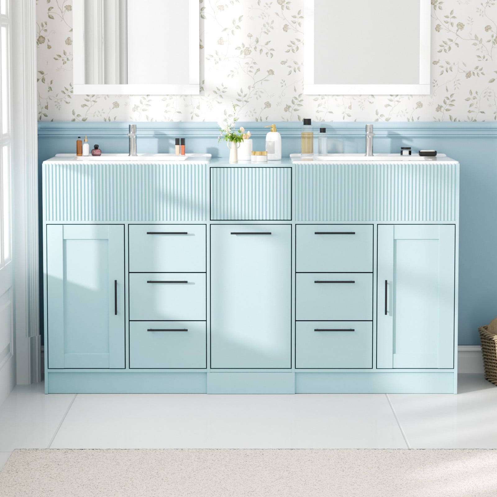 Advwin 60" Double Sink Bathroom Vanity with Ceramic Basins, Modern ...