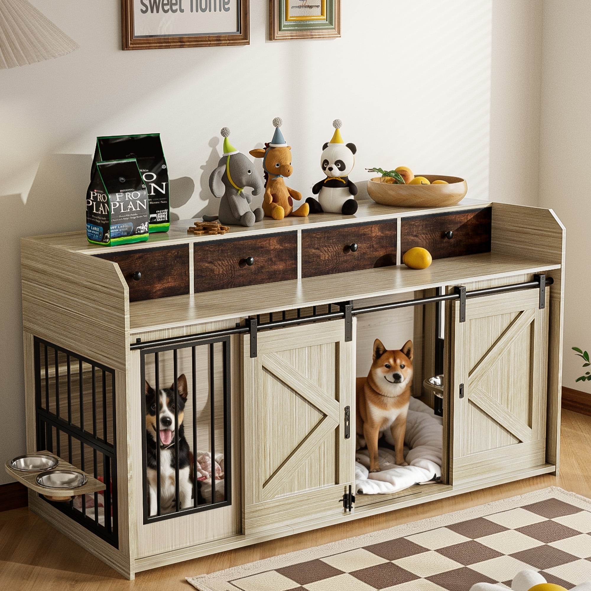 Advwin 63" Wooden Double Dog Crate Furniture with Drawers, Divider ...