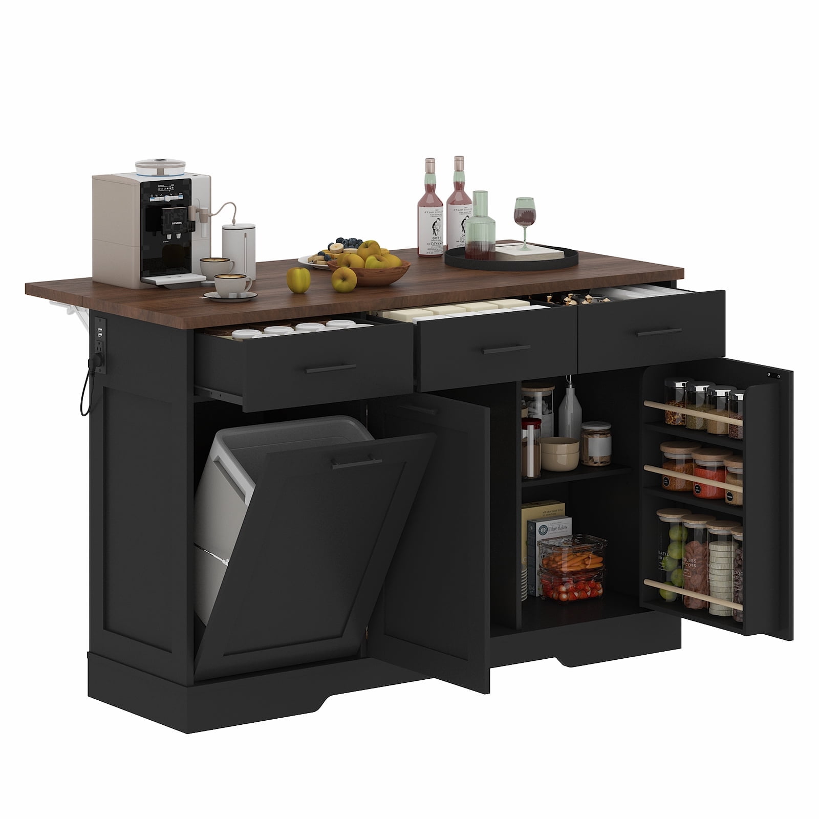 Advwin Foldable Kitchen Island with Power Outlets, 3 Drawers, Trash ...
