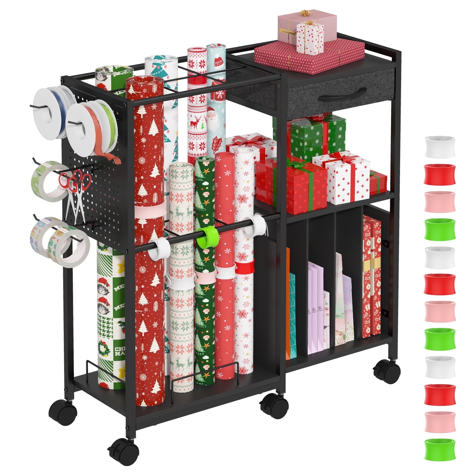 Advwin Gift Wrapping Paper Storage Cart with Drawer, Rolling Gift Wrap ...