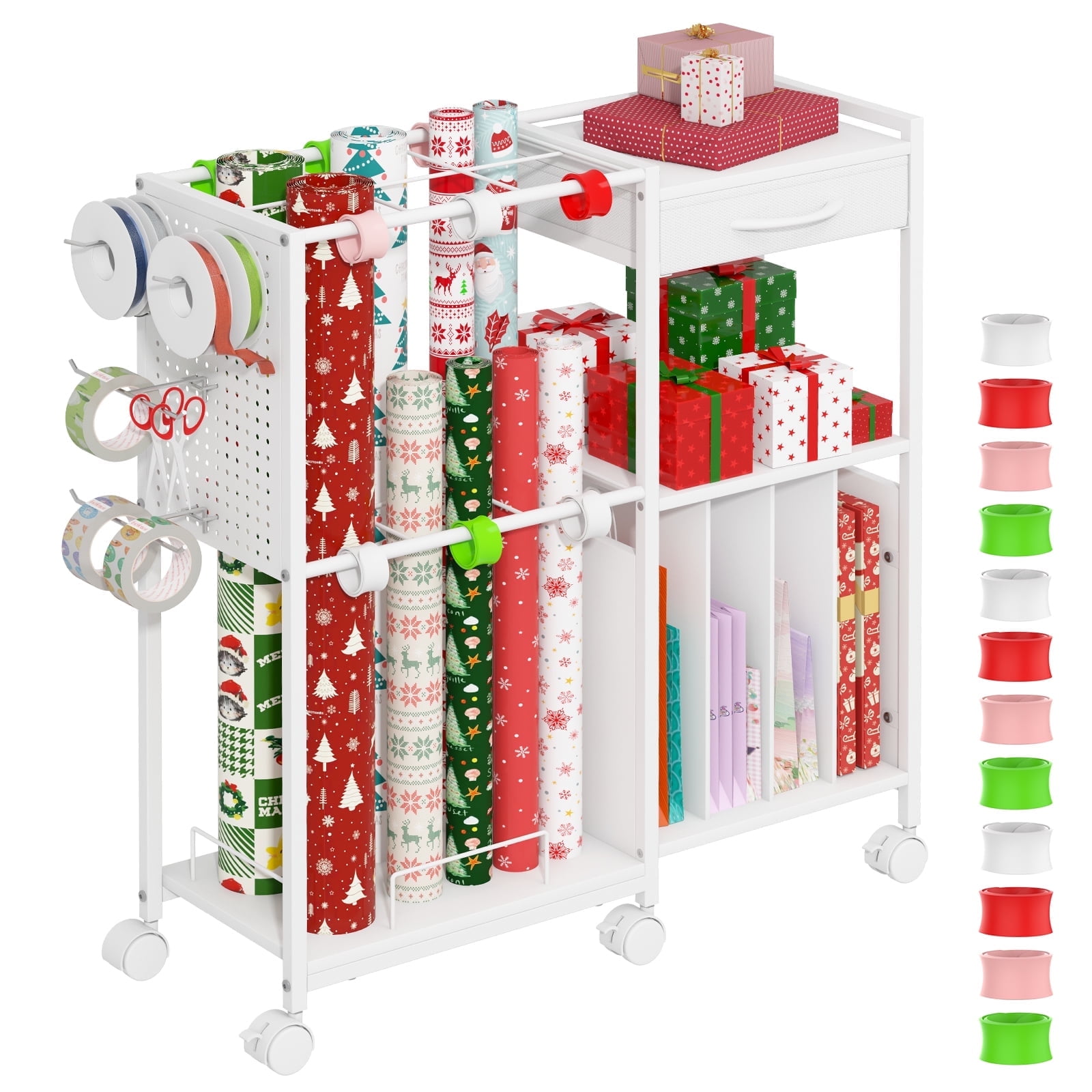 Advwin Gift Wrapping Paper Storage Cart with Drawer, Rolling Gift Wrap Station with Ribbon ...
