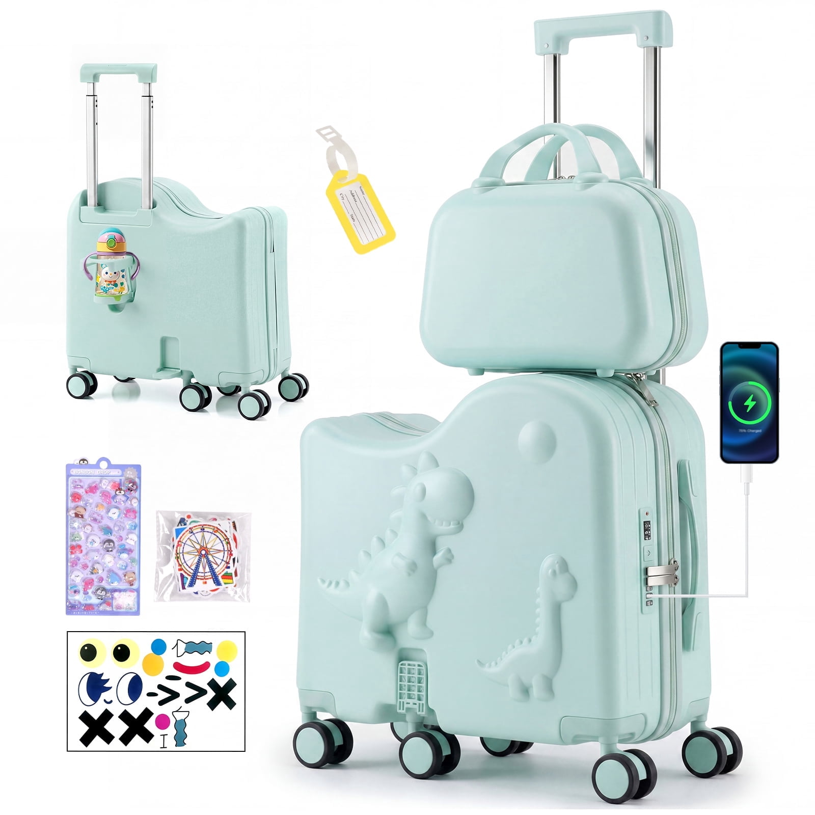 Advwin Kids 2PCs Ride On Luggage Set with 3D Dinosaur Design, 17 ...