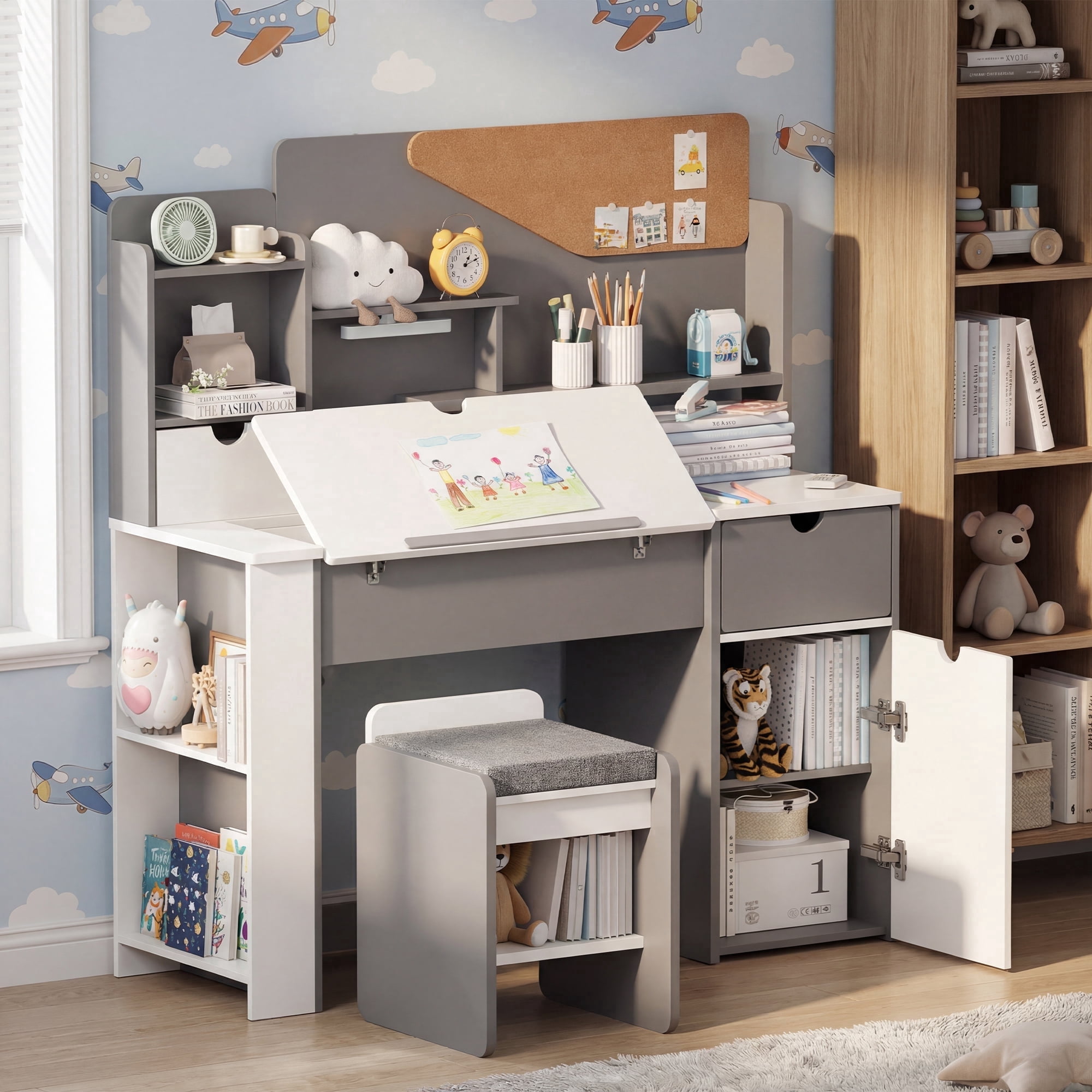 Advwin Kids Desk and Chair Set for 5-12 Years, Wooden Study Desk with ...