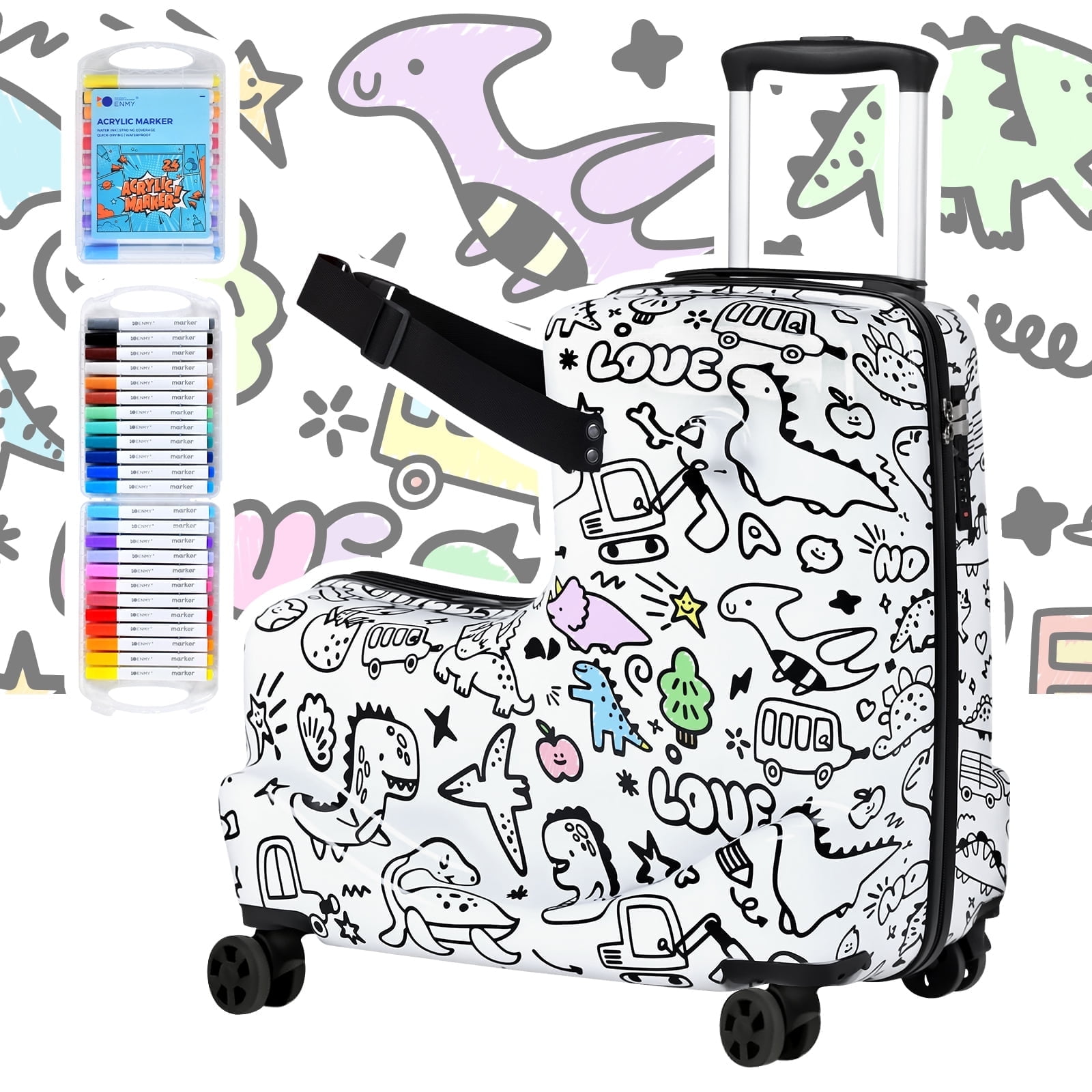 Advwin 20" Ride On Luggage for Kids, Fun DIY Coloring Travel Suitcase ...