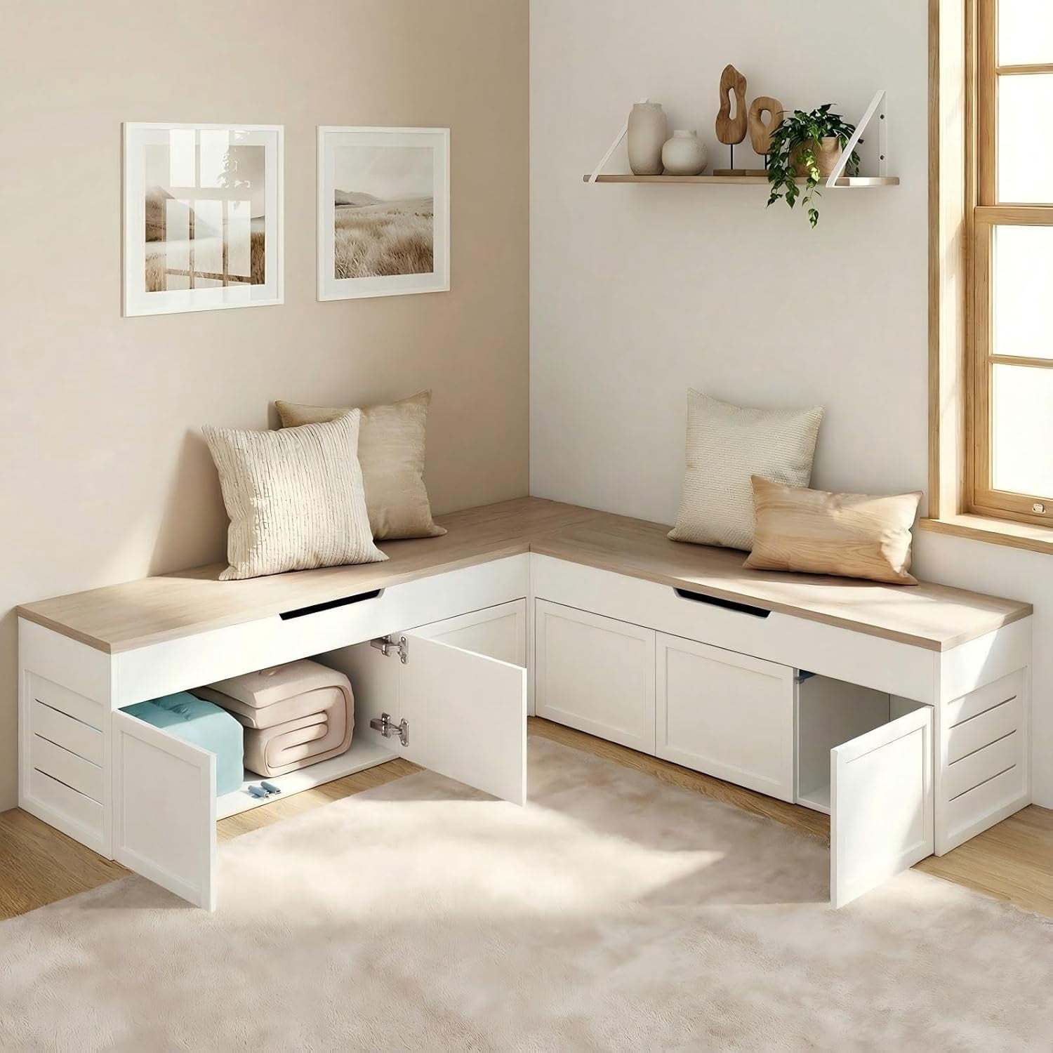 Advwin L-Shaped Corner Storage Bench, Backless Wood Bench with Hidden ...