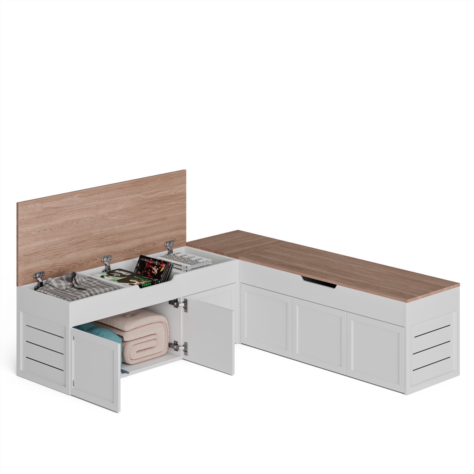 Advwin L-Shaped Corner Storage Bench, Backless Wood Bench with Hidden ...