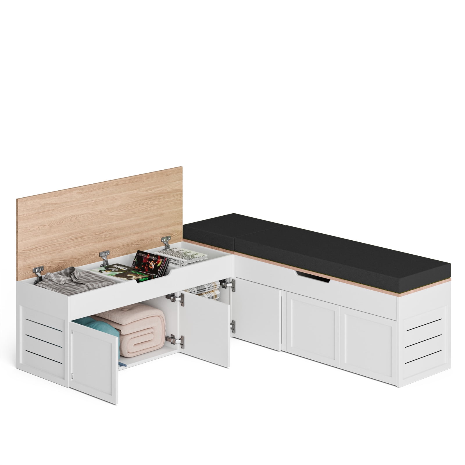 Advwin L-Shaped Corner Storage Bench with Cushion, Backless Wood Bench ...
