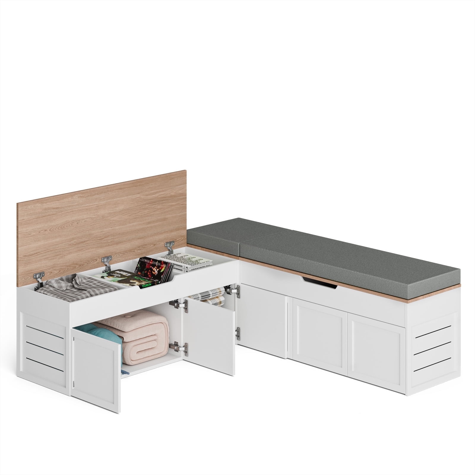 Advwin L-Shaped Corner Storage Bench with Cushion, Backless Wood Bench ...