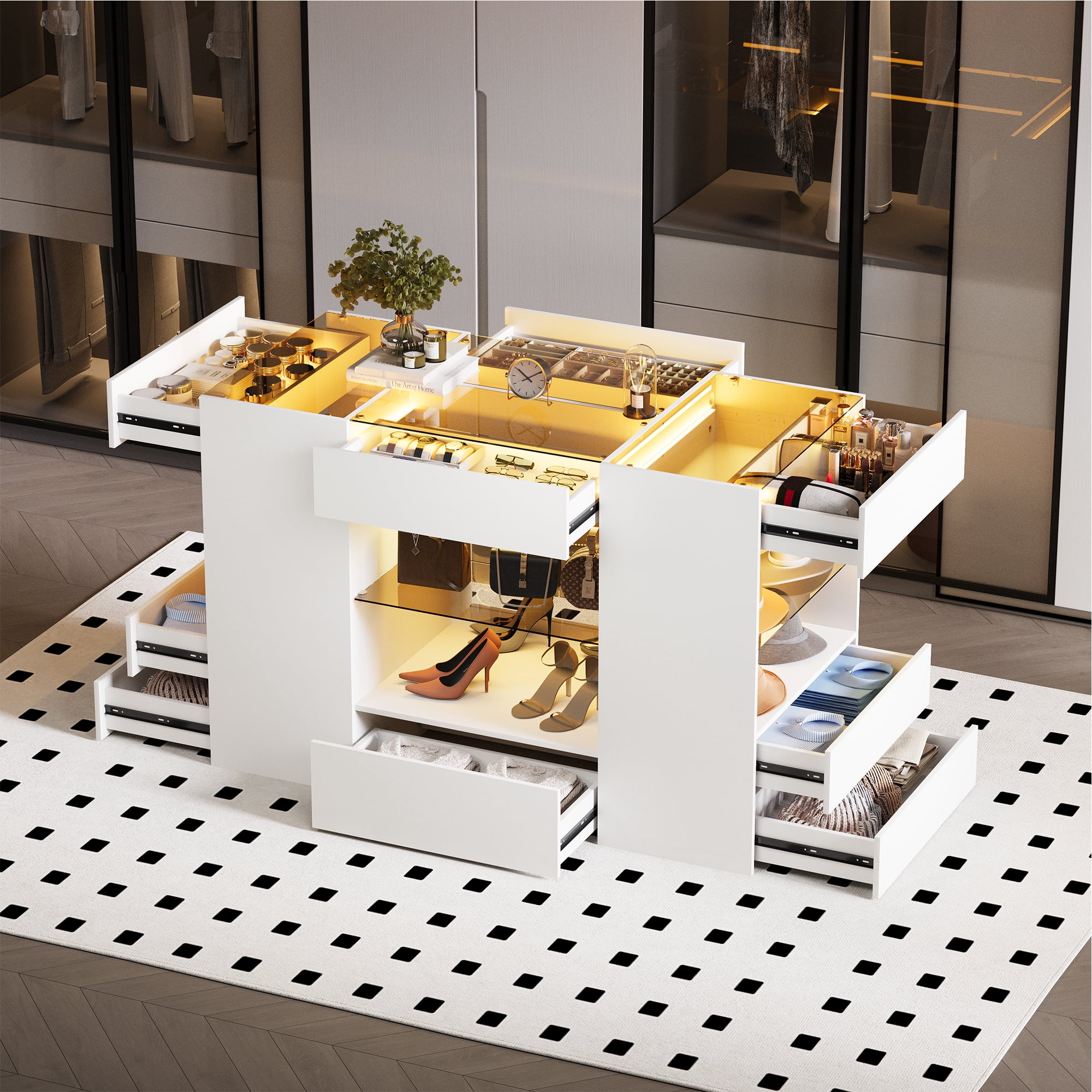 Advwin Luxury Closet Island with Glass Top and LED, 10-Drawer Wardrobe ...