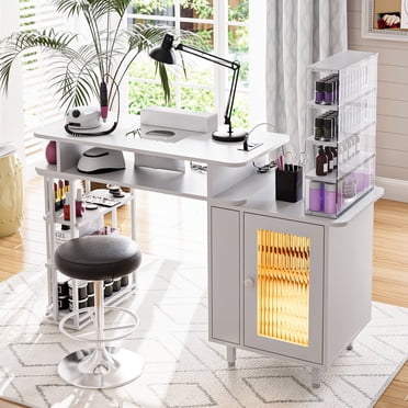 Advwin Manicure Table Nail Desk with RGB Light, L-Shaped Nail Tech ...