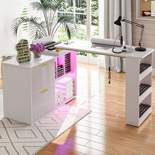 Advwin Manicure Table Nail Desk with RGB Light, L-Shaped Nail Tech ...