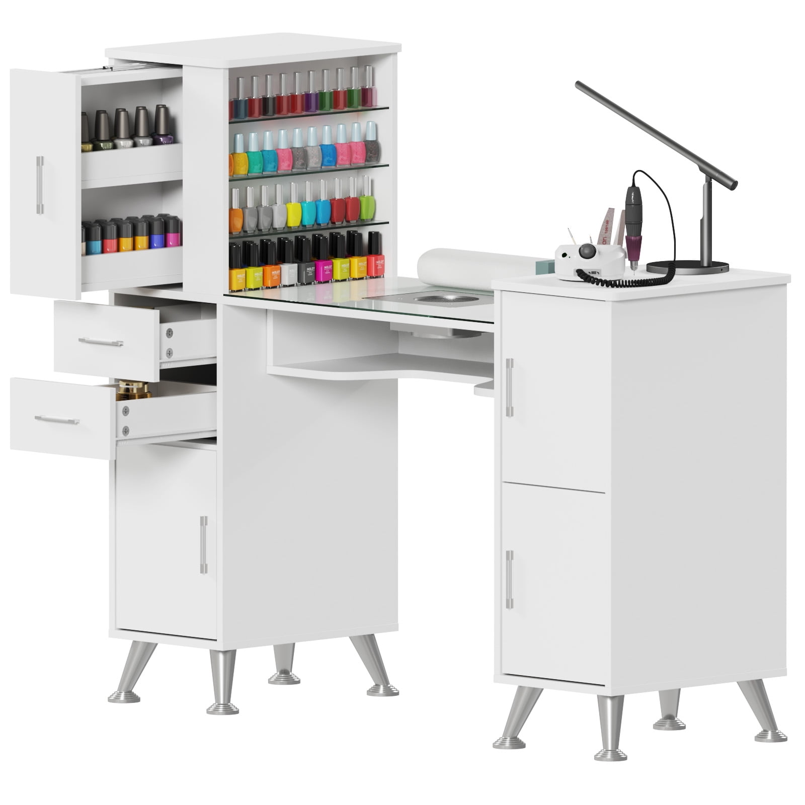 advwin Manicure Table Nail Desk with Dust Collector Glass Top Storage ...