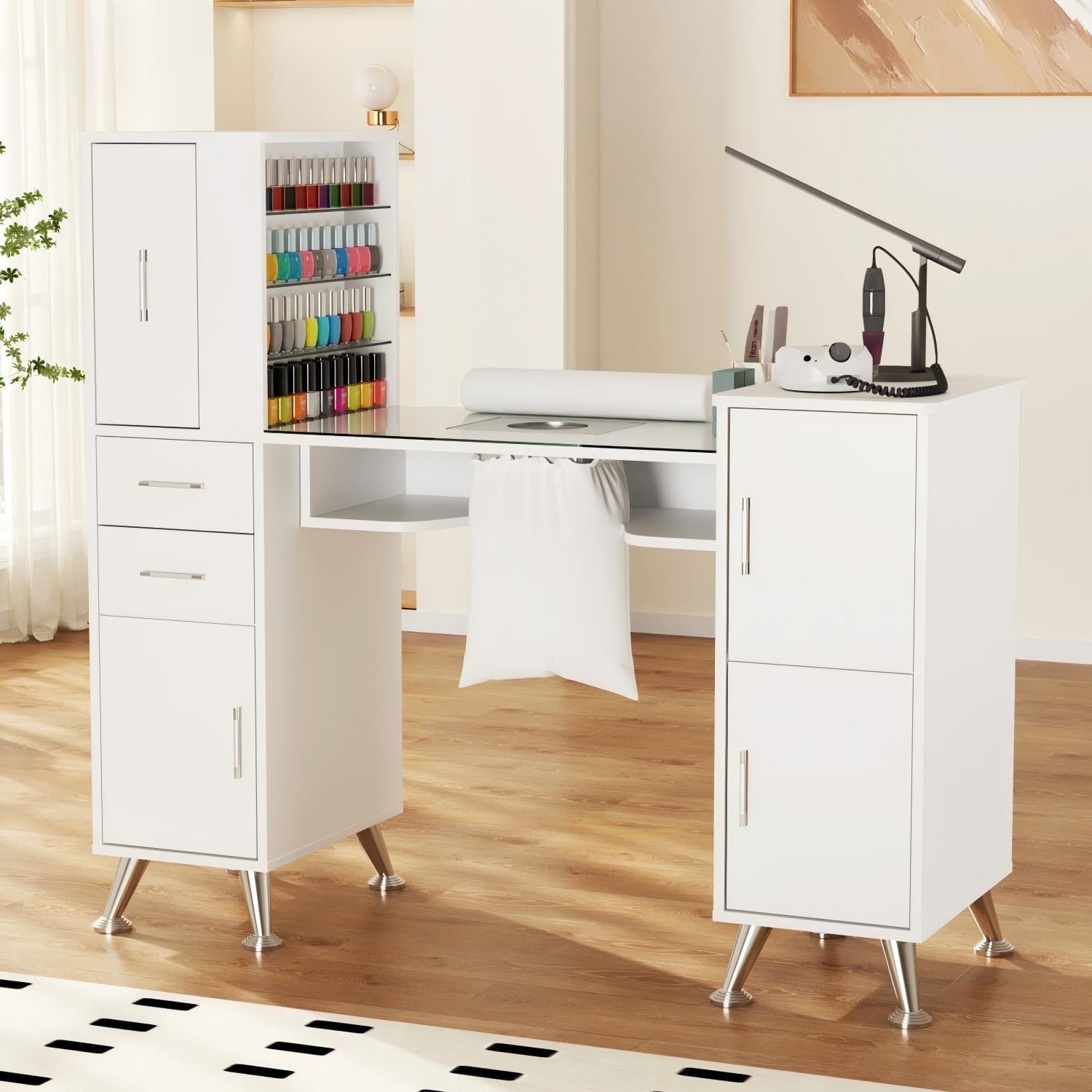 Advwin Manicure Table Nail Desk with Glass Top, Dust Collector, Wrist ...