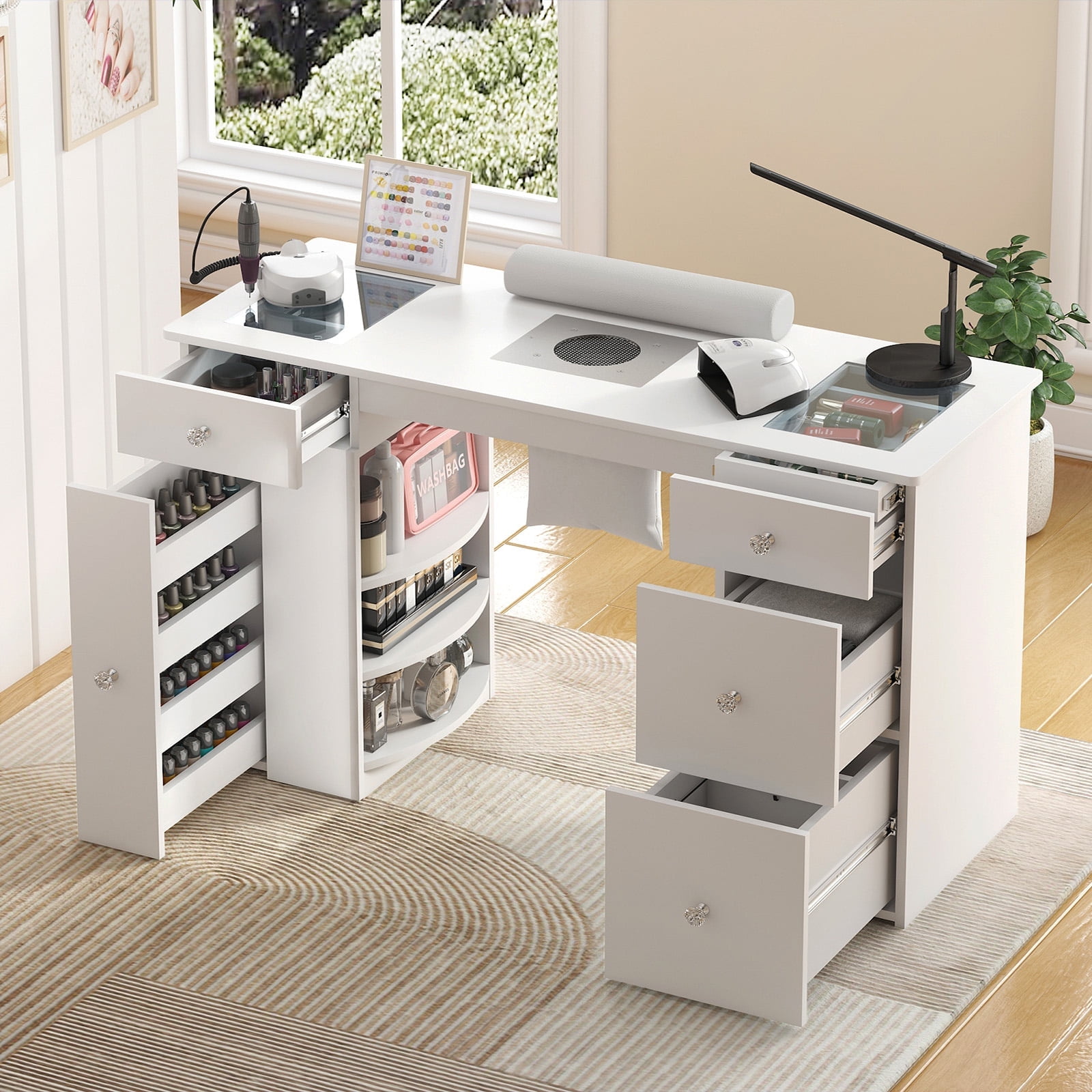 Advwin Modern Manicure Table with Dust Collector, Wrist Rest, Glass Top ...