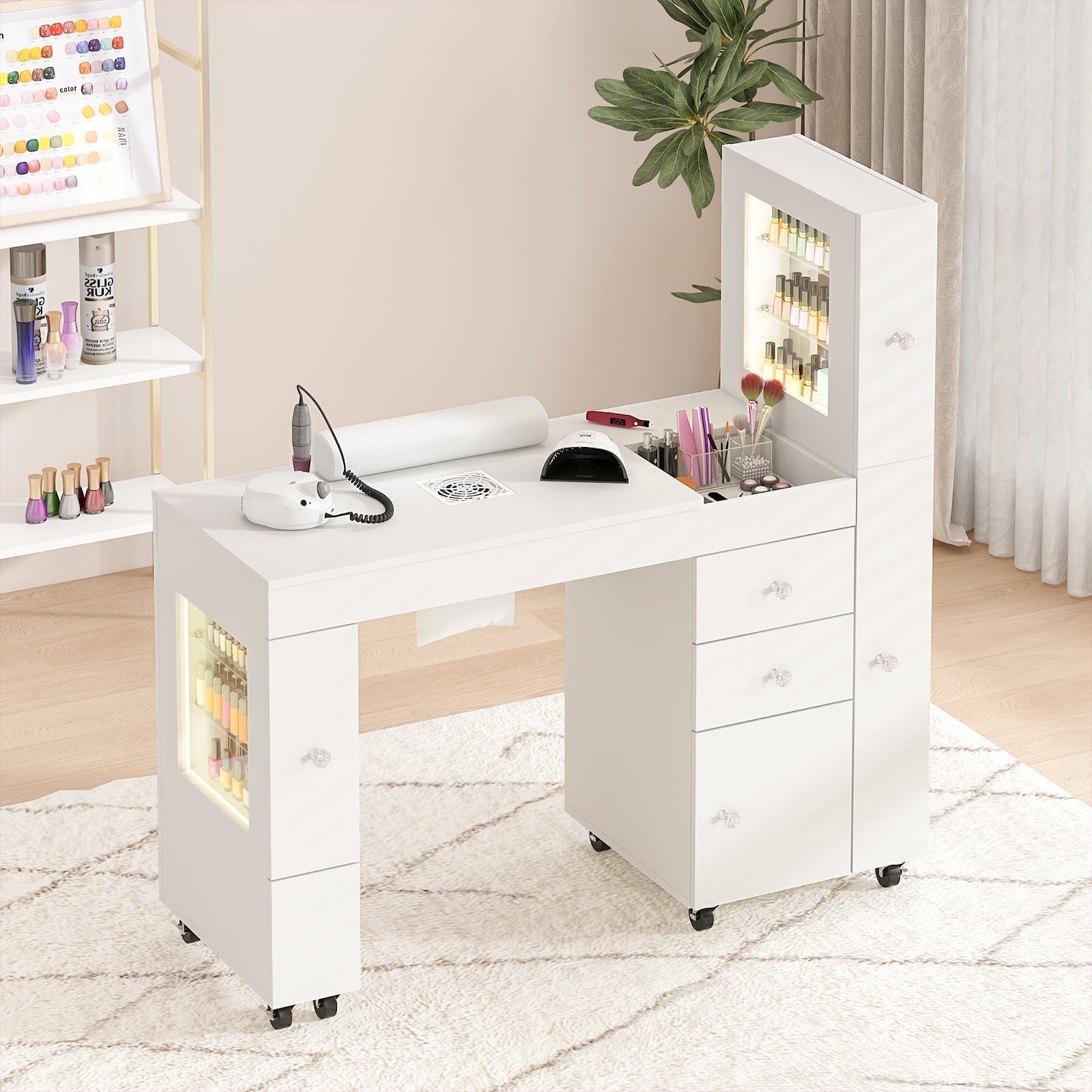 Advwin Modern Manicure Table with RGB Light Display Cabinets, Built-in ...