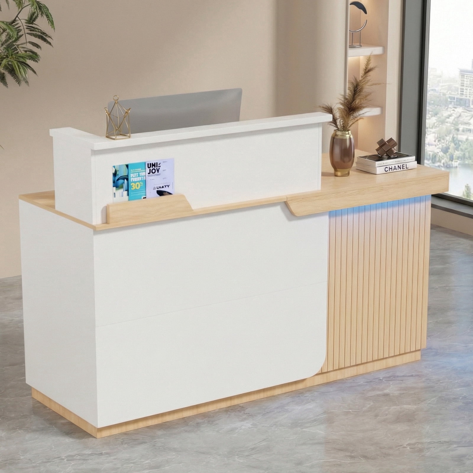 Advwin Modern Reception Desk with LED Light, 63" Fluted Front Desk with ...