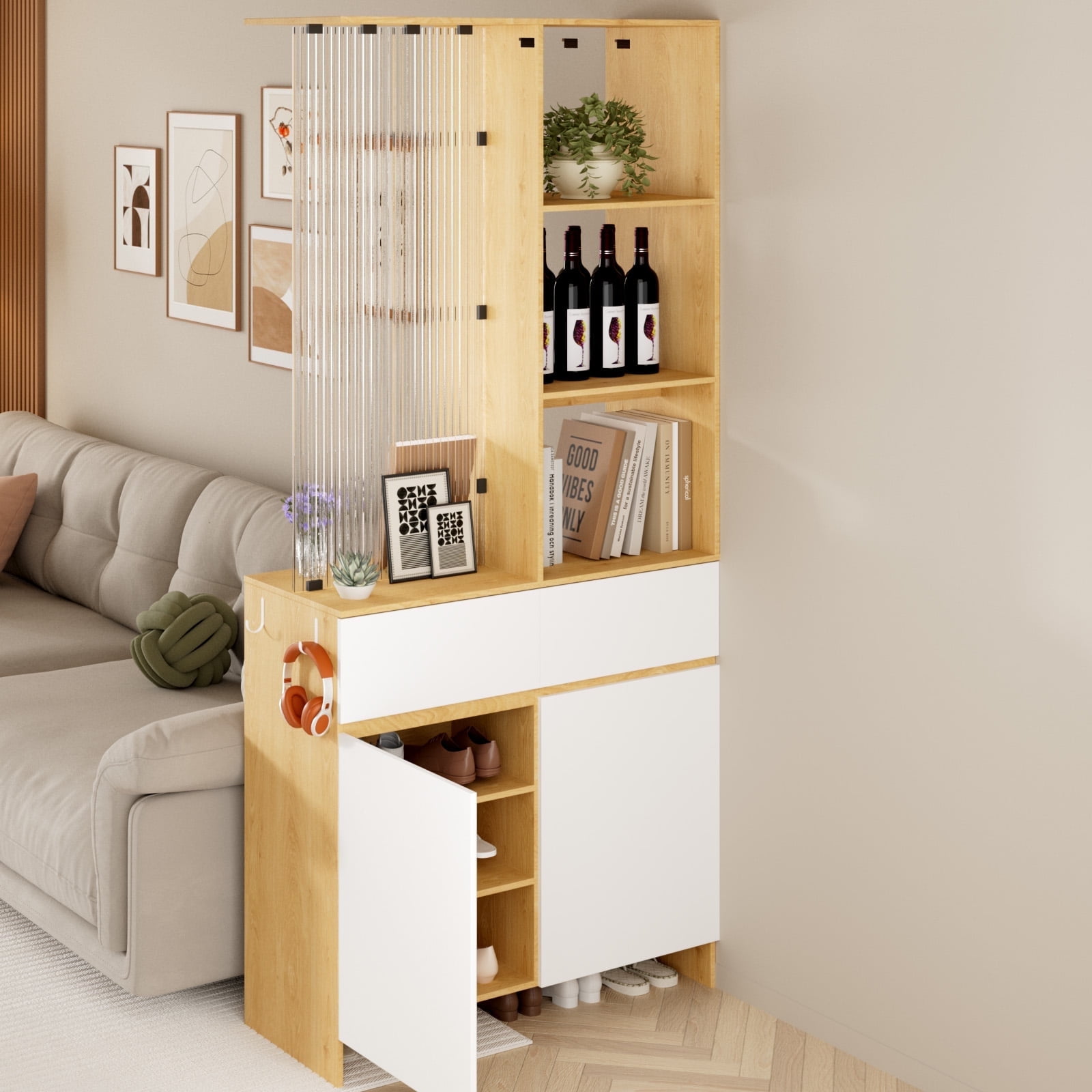 Advwin Modern Room Divider Storage Cabinet with Ripple Glass Panel ...