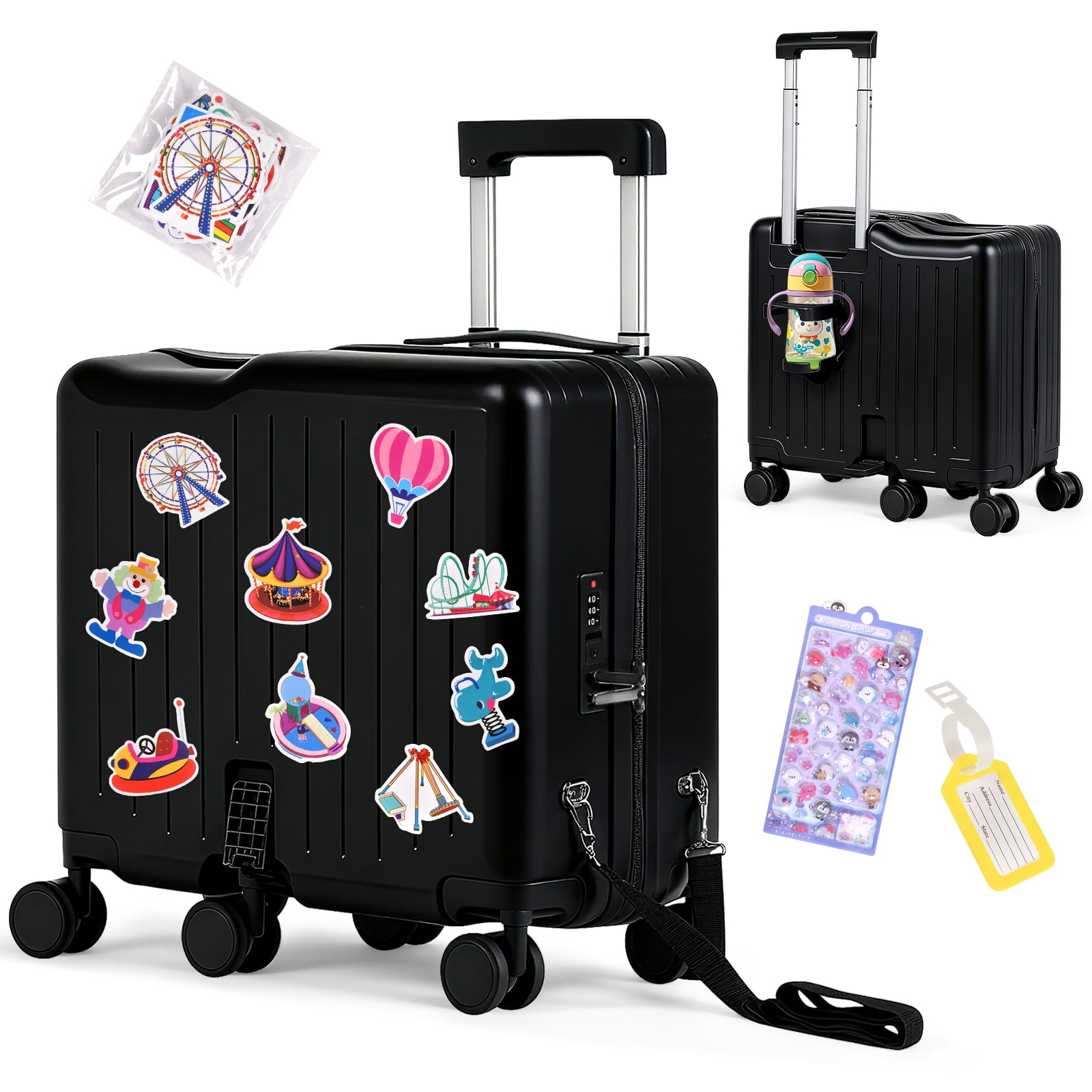 Advwin Ride-On Kids Luggage with Pull Strap, Footrests, Cup Holder, 6 ...