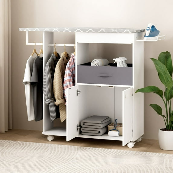 Advwin Rolling Ironing Board with Storage Cabinet, Drawer and Iron Rest ...
