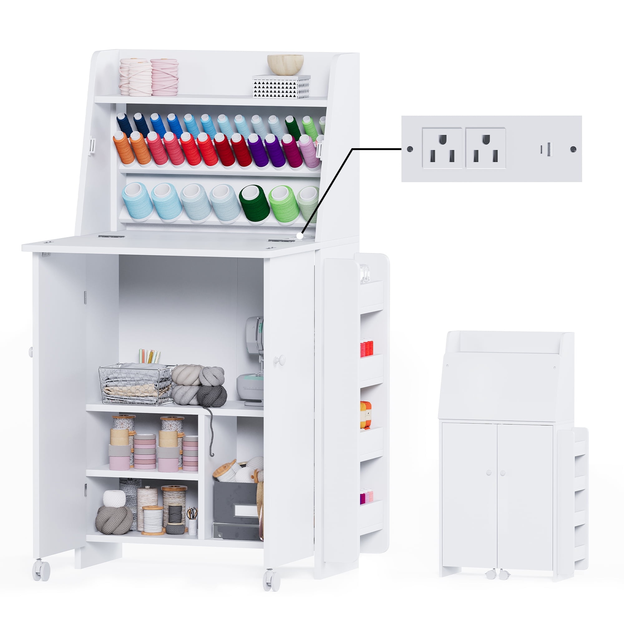 Advwin Sewing Cabinet with Foldable Tabletop, Thread Organizer Shelves ...