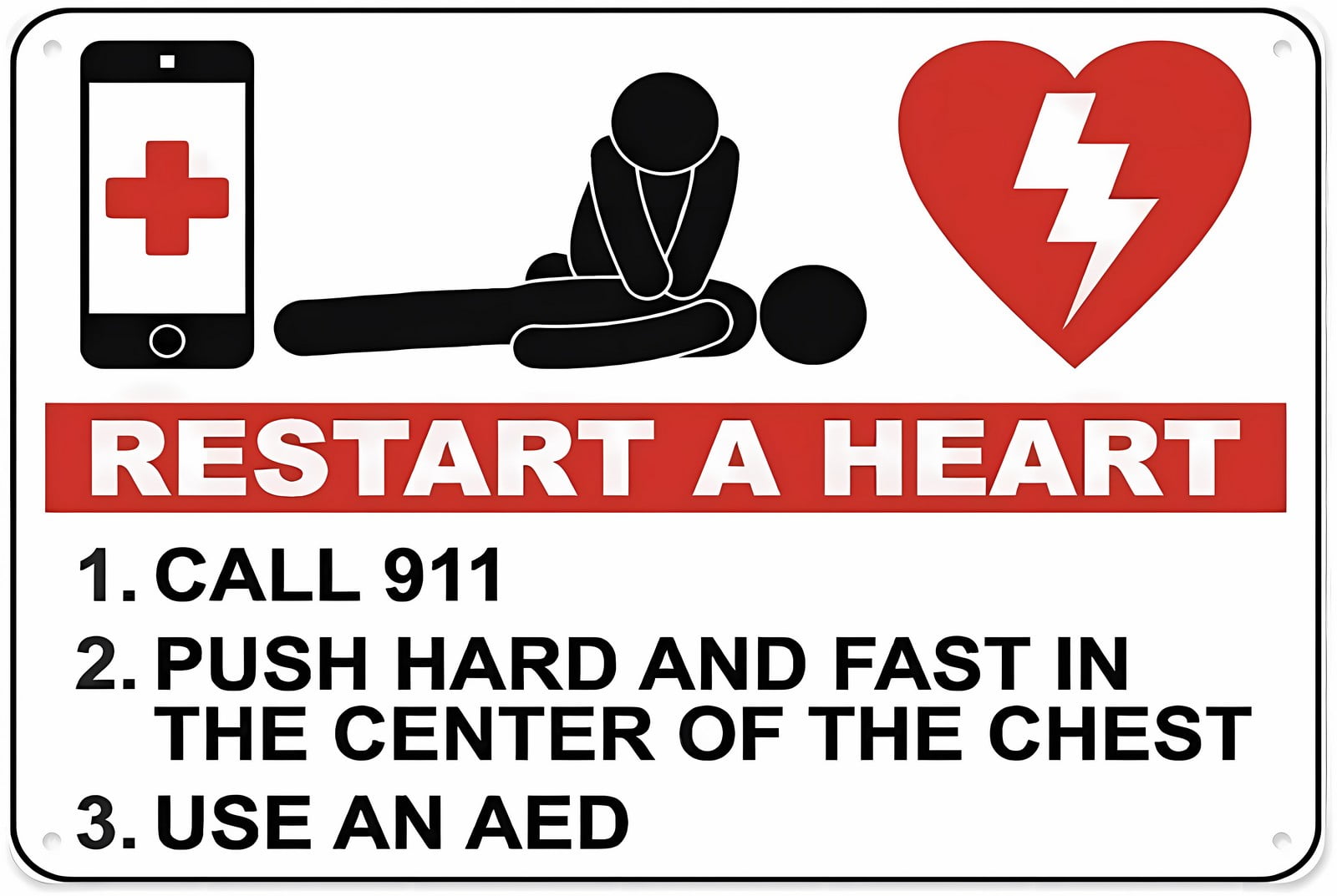 Aed Restart A Heart Sign 12 x 8 Inches - Aluminum Tin Warning Sign ...