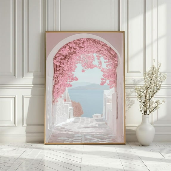Aegean Sea Archway Art Poster: Pink Blossoms, Coastal View, Size 8x12 ...