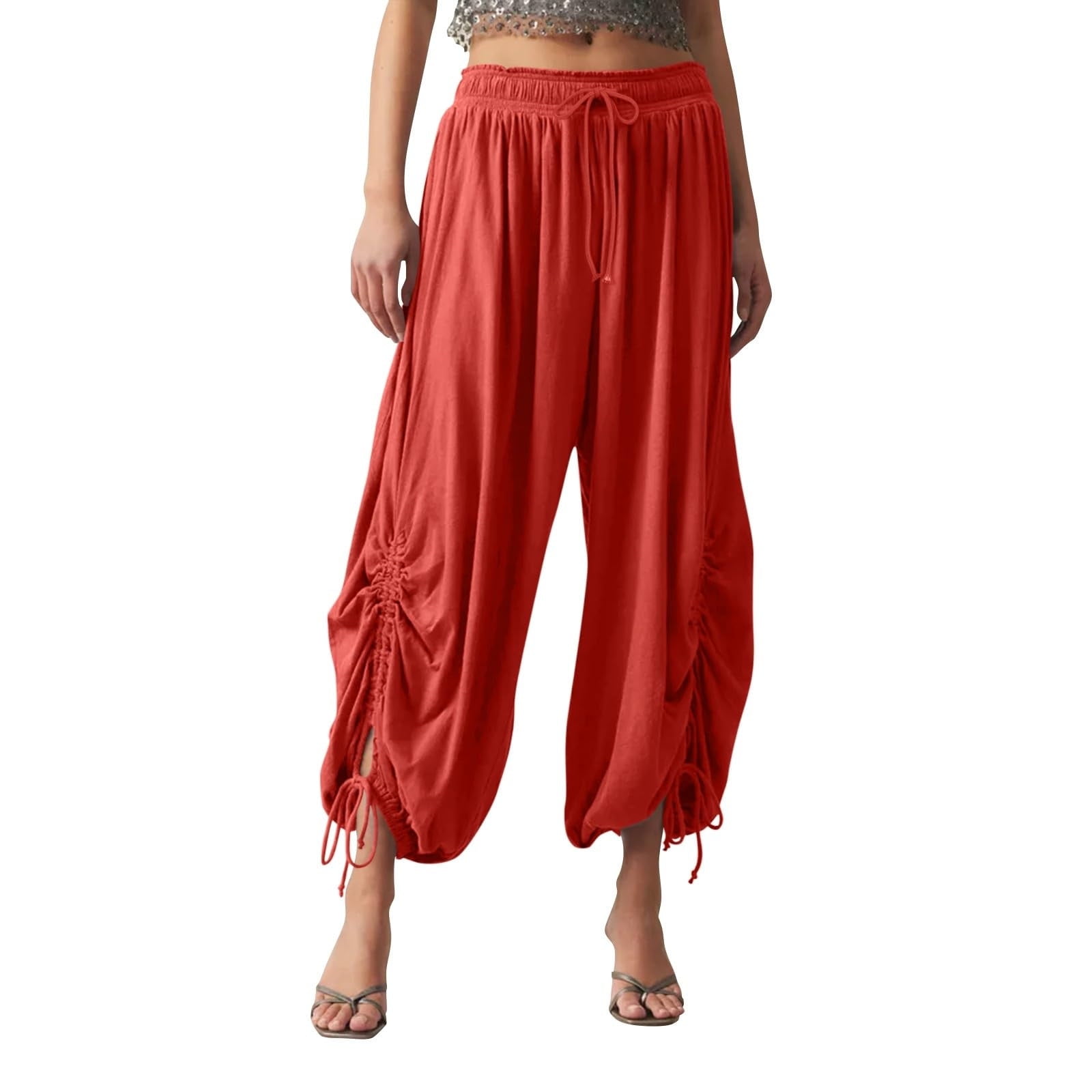 Aeguzox Capri Pants for Women Relaxed Fit Solid Linen Drawstring ...