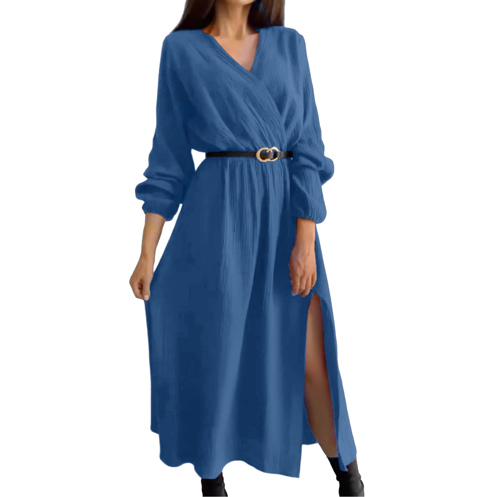 Aeguzox Dresses for Women Long Sleeve Surplice Wrap V Neck Metal Buckle ...
