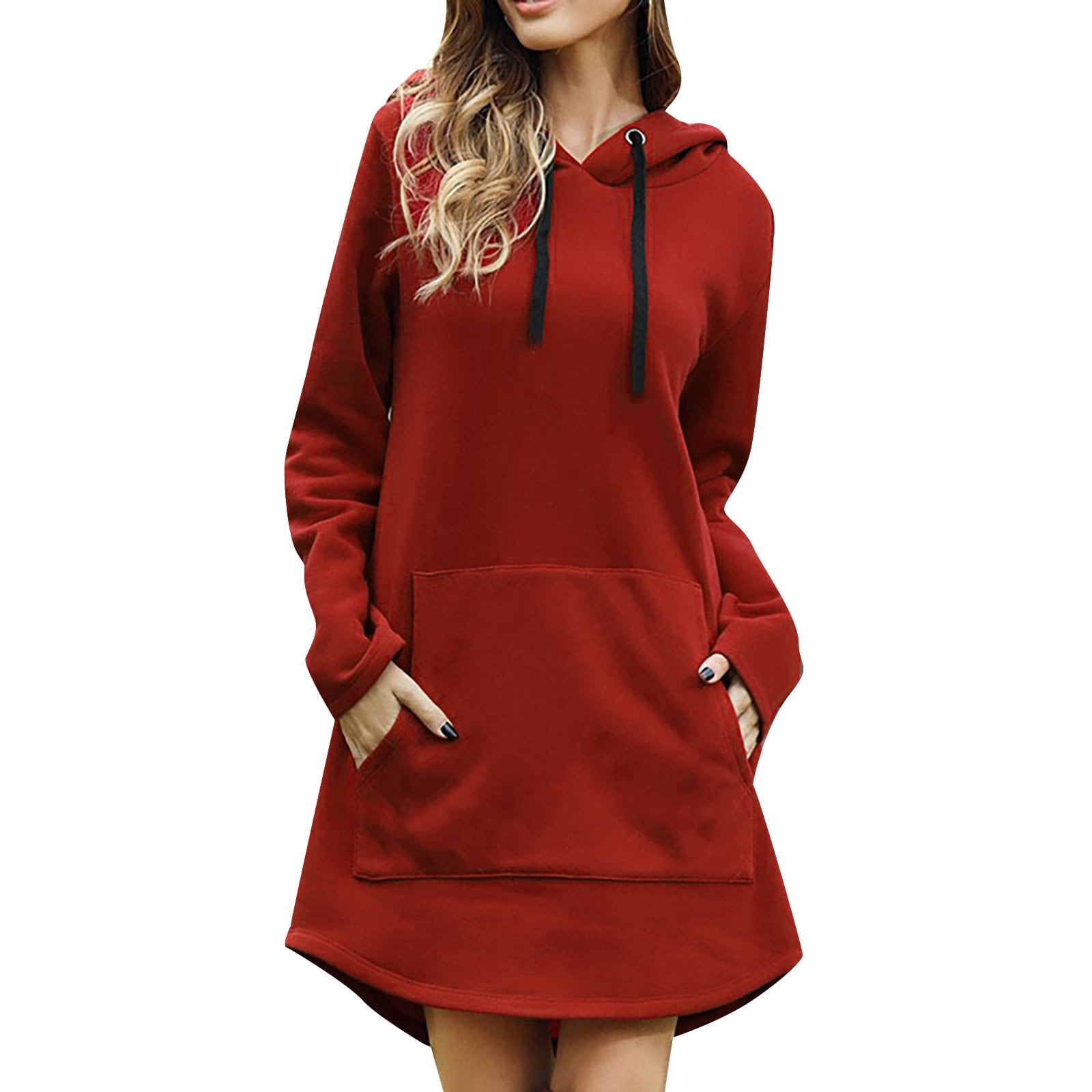 Aeguzox Dresses for Women Pull On Hood Long Sleeve Solid French Terry ...