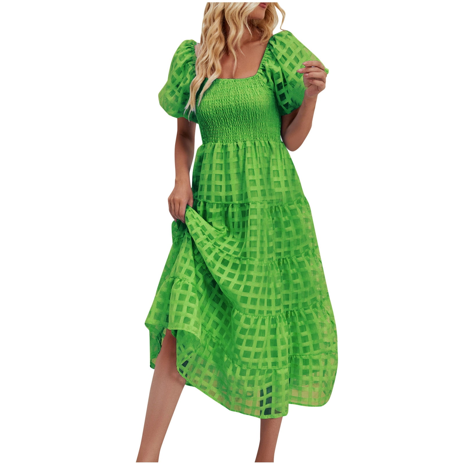 Aeguzox Dresses for Women Smocked Bodice Puff Sleeve Tiered Grid ...